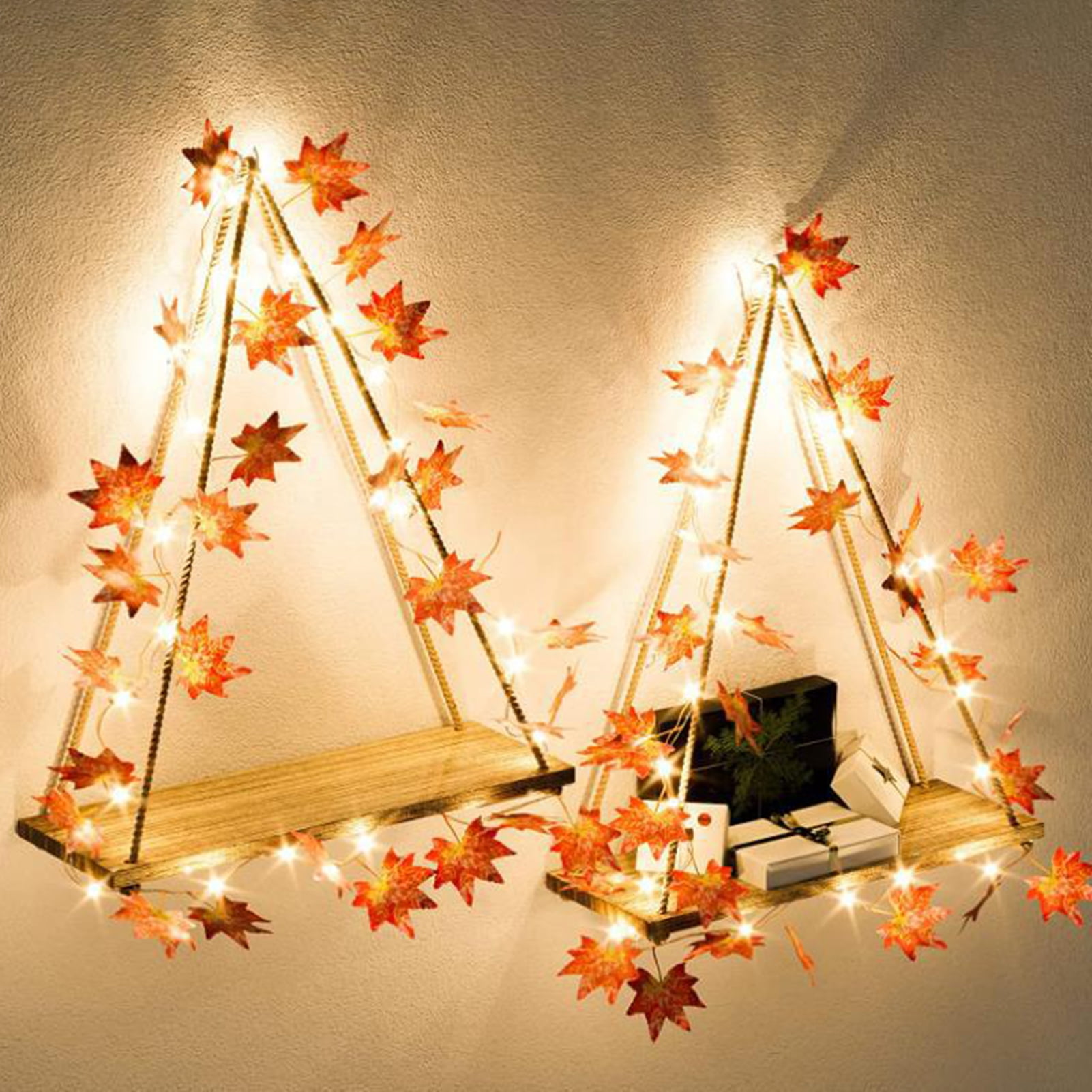 Taosunzt 2Pcs Wooden Hanging Shelf with LED Artificial Green Leaves ...