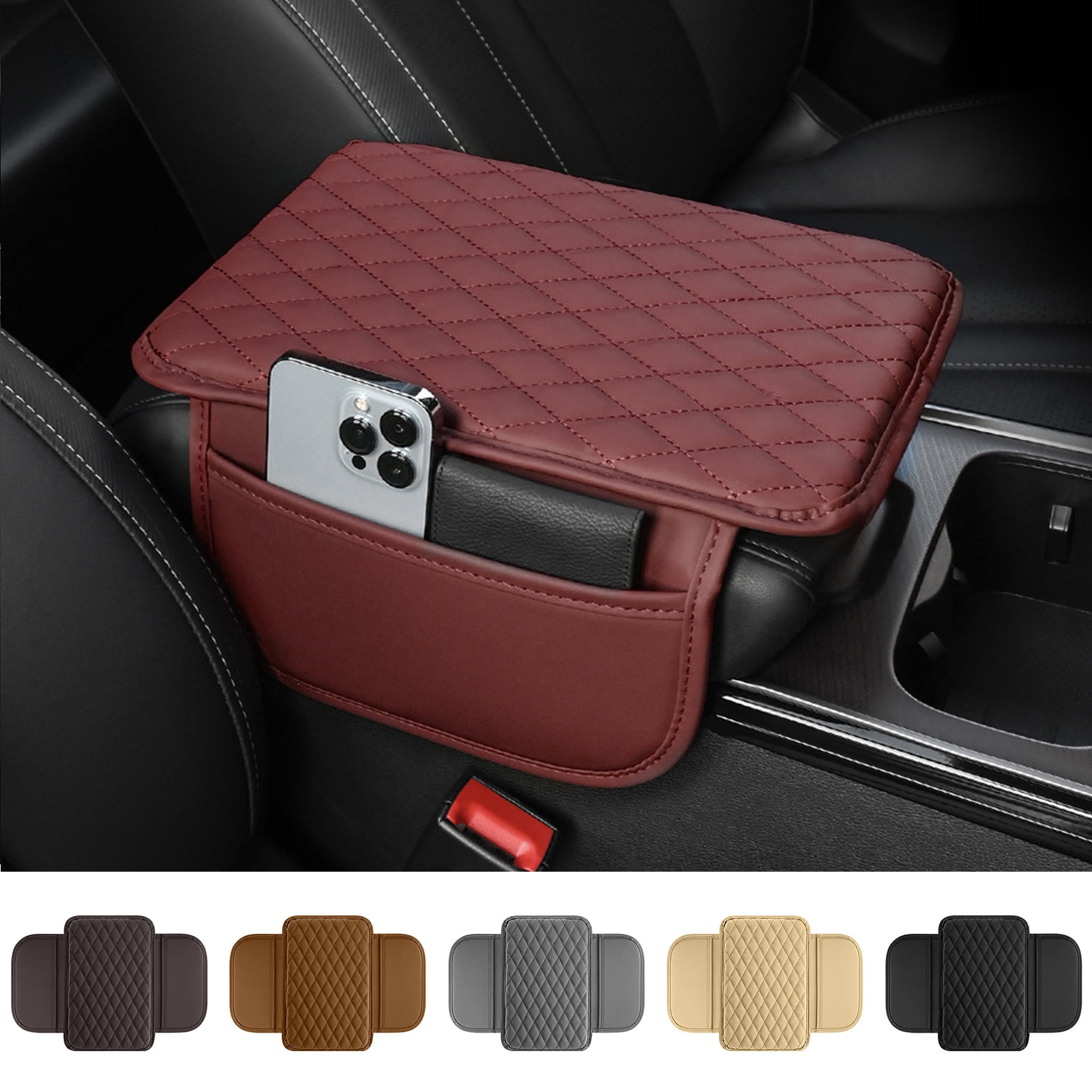 Taosunzt Car Armrest Box Mat with 2 Storage Bags Faux Leather Thick ...
