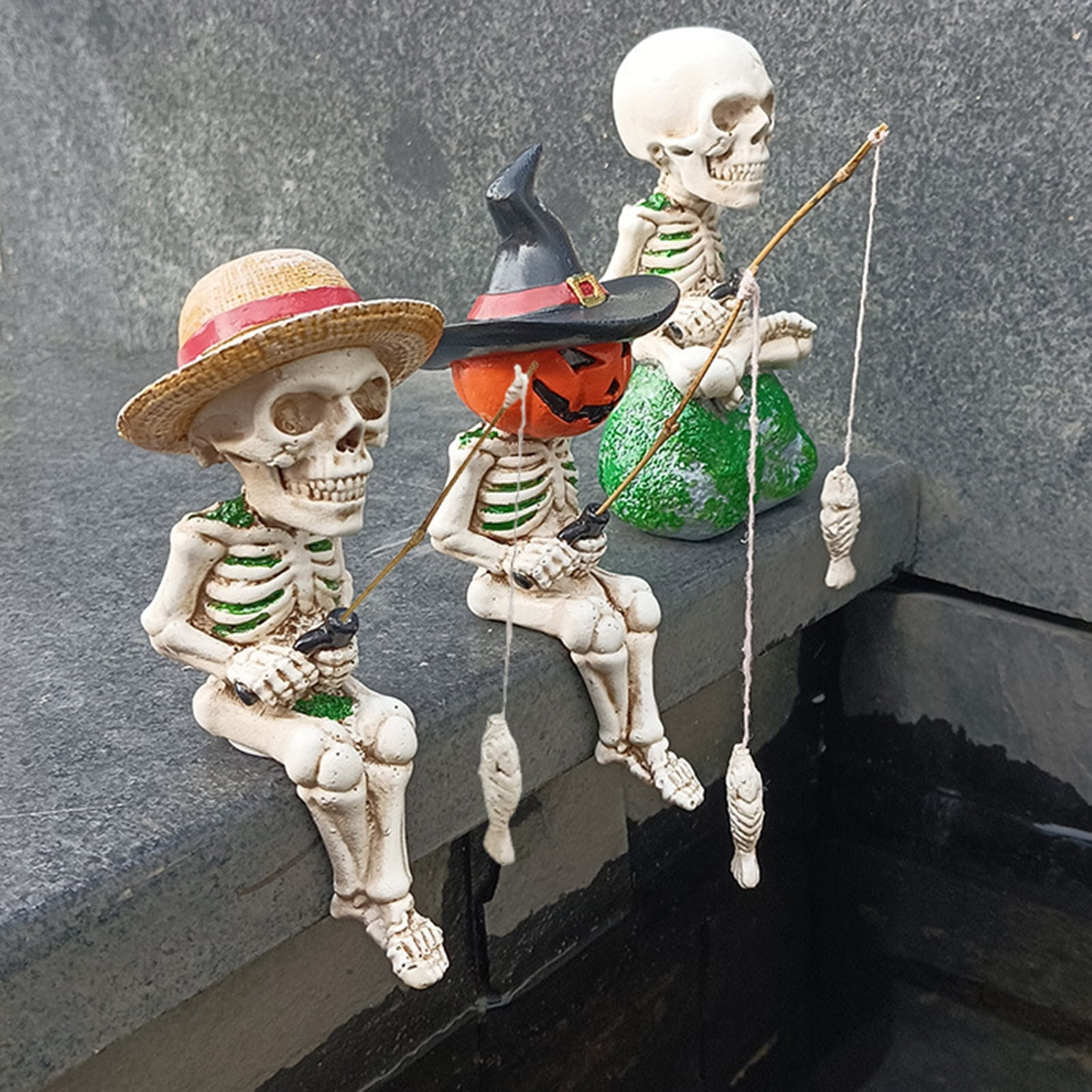 Taosunzt Halloween Fishing Skeleton Figurine Spooky Sitting Pumpkin ...