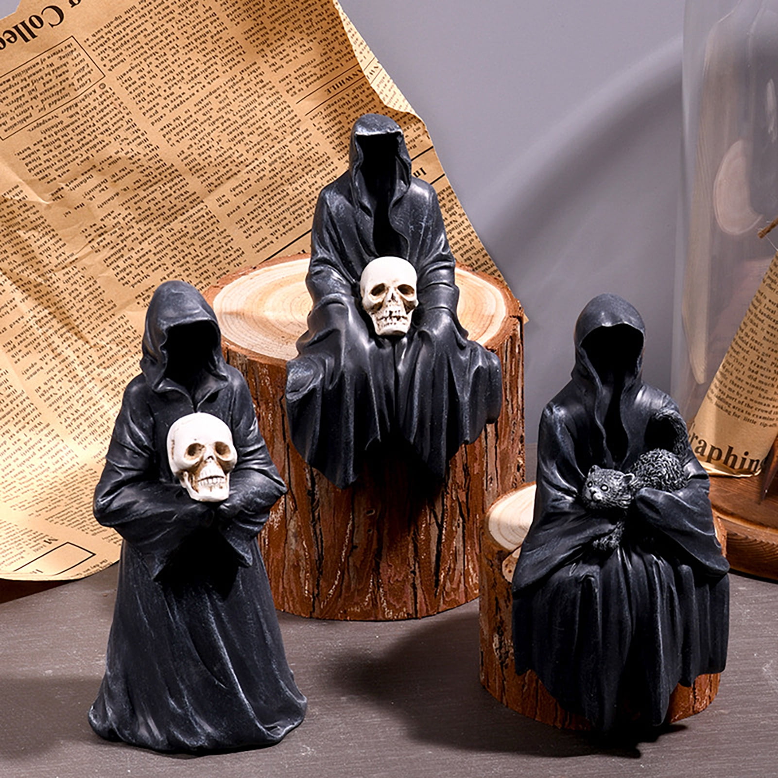 Taosunzt Halloween Grim Reaper Figurine Spooky Black Robe Death Ghost ...