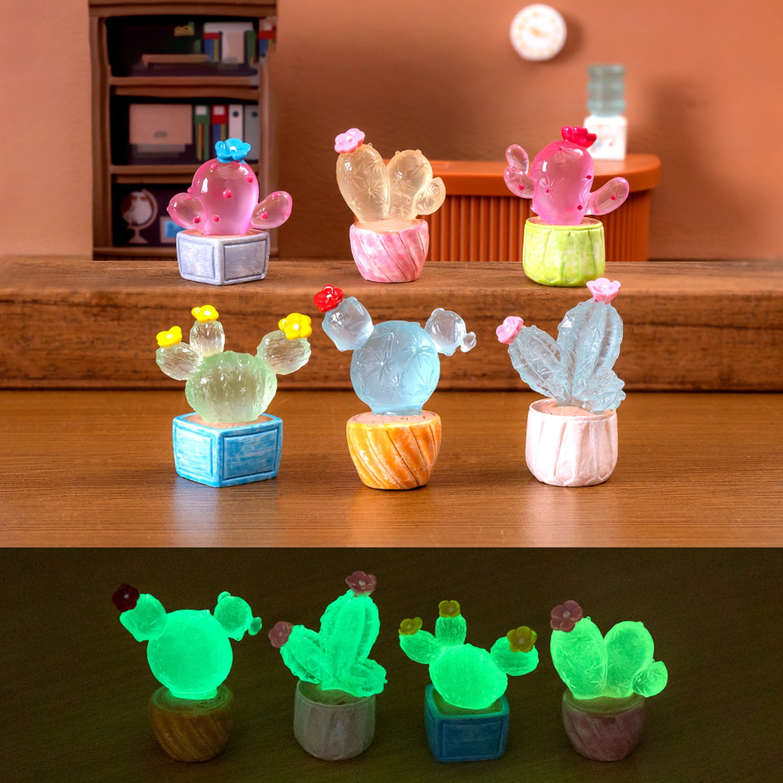 Taosunzt Luminous Cactus Figurine Set Unique Resin Ornaments Glow-in ...