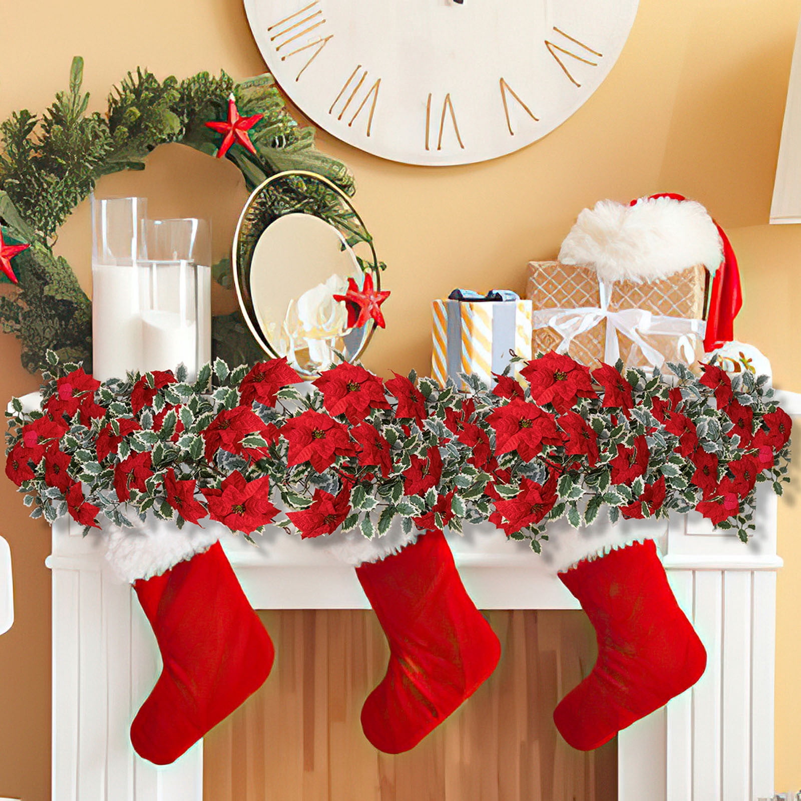 Christmas Poinsettia Holly Garland 5.6 Feet Artificial Poinsettia Vines ...