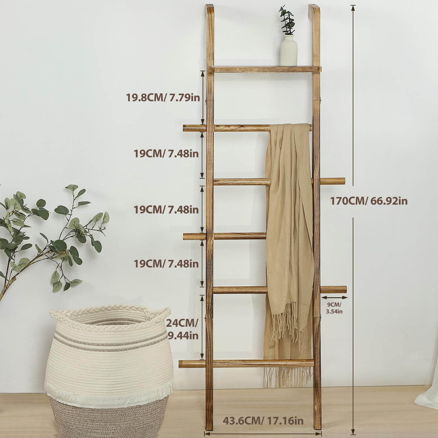 Taozun 67-Inch Wooden Blanket Ladder with Shelf for Living Room - 5 ...