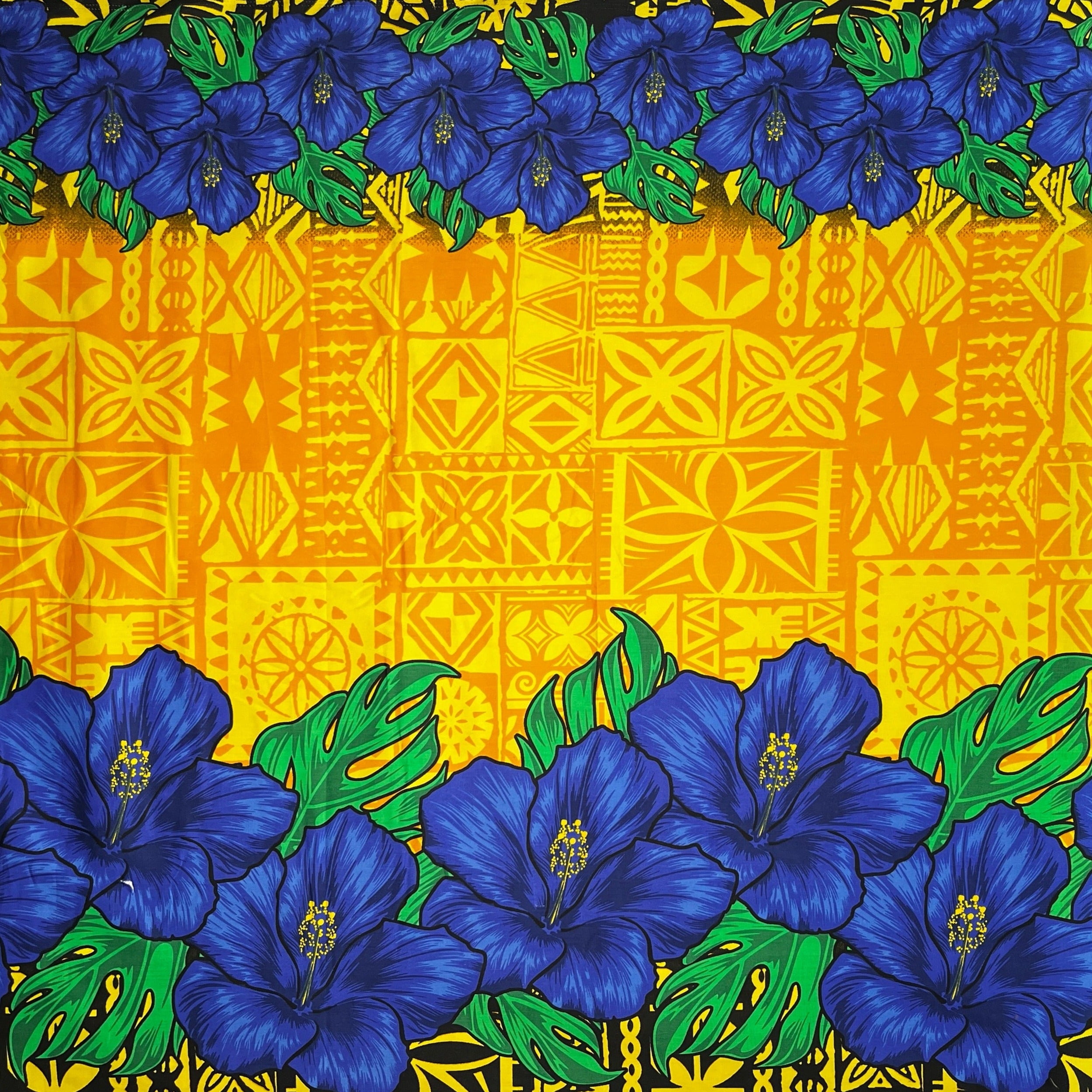 Tapa Hibiscus Flowers Double Border Cotton Poplin Fabric | Islands ...