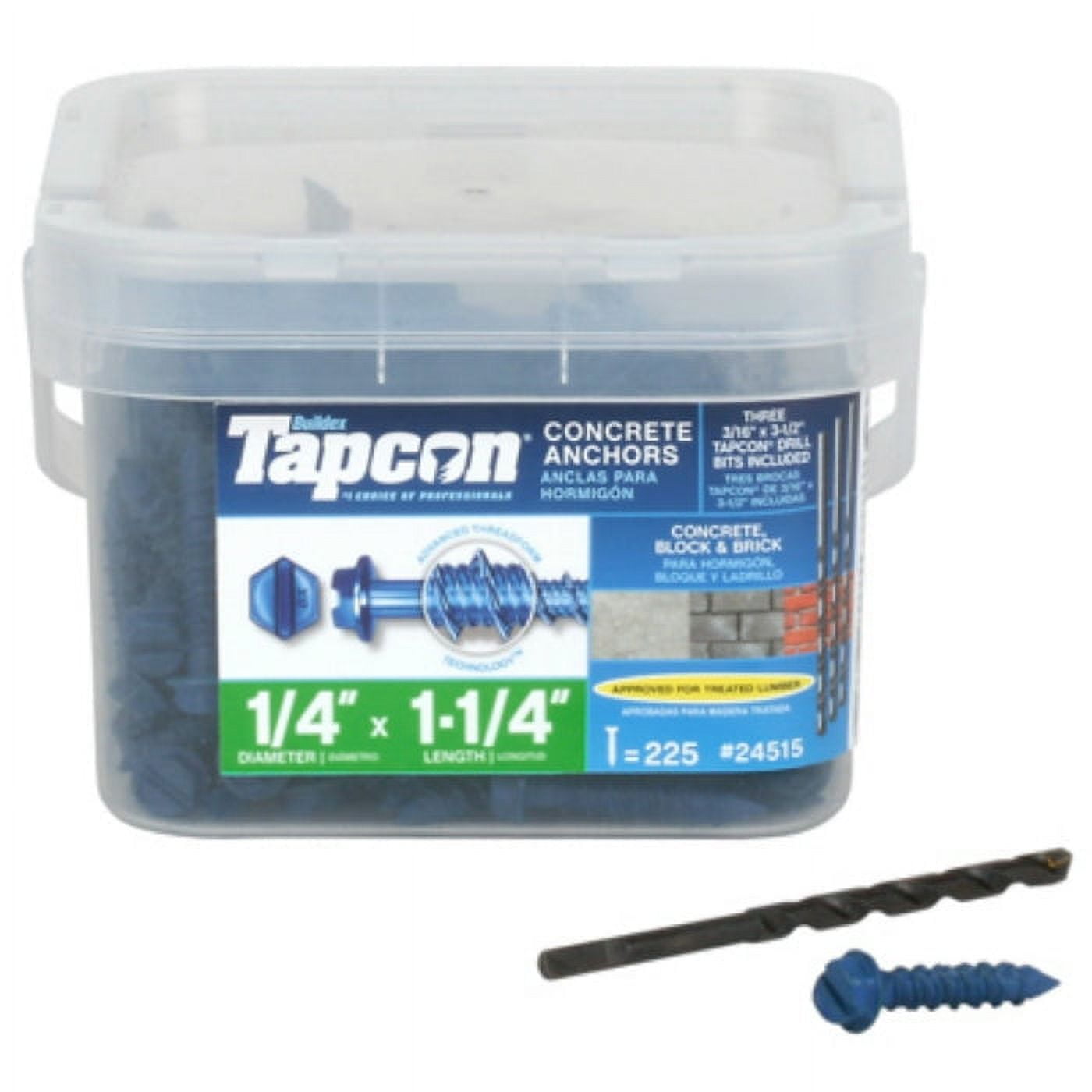 Tapcon 24515 Blue Climaseal Hex Washer Head Concrete Anchor, 1/4"x1-1/4", 225-Pk, Each - Walmart.com