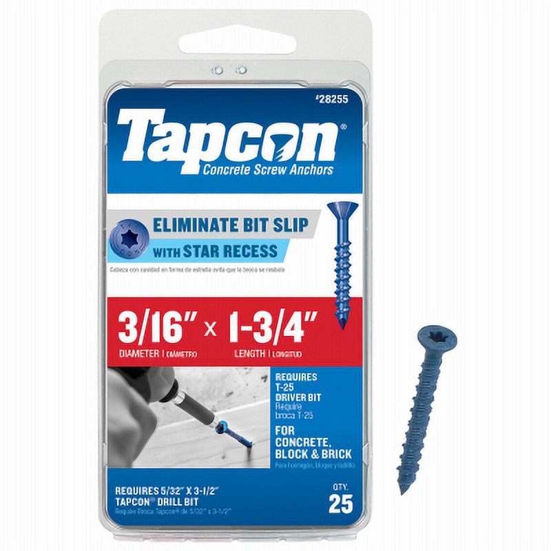Tapcon 25 Pack 3/16" x 1-3/4" Phillips Flat Head Concrete Anchors, Each - Walmart.com