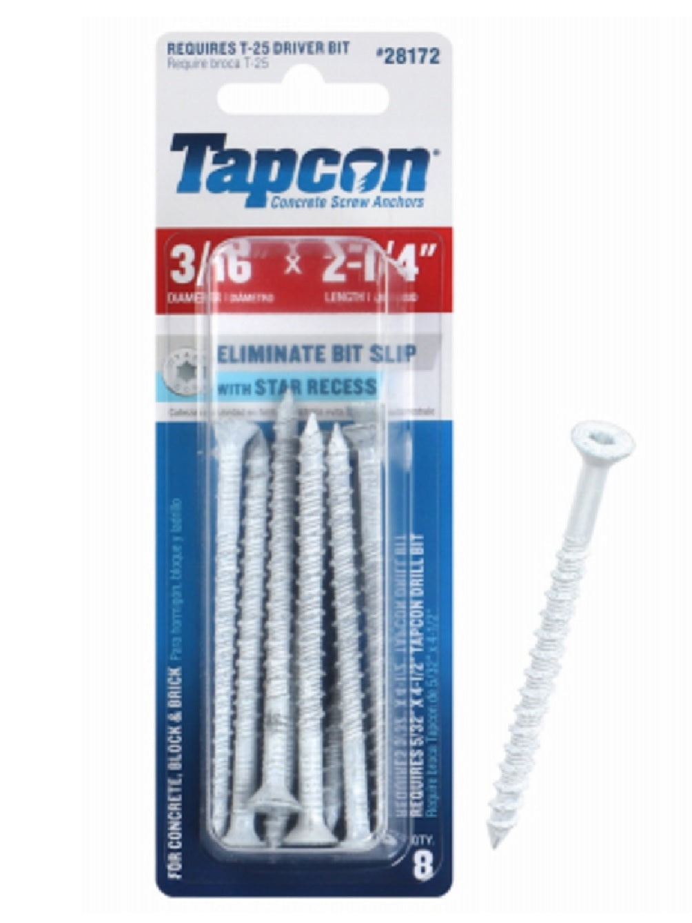Tapcon 28172 Steel White Star Drive Concrete Anchors, 8 Pack, Each ...