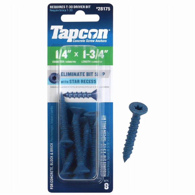 Tapcon 8 Pack 1/4" x 1-3/4" Phillips Flat Head Concrete Anchors, Each ...