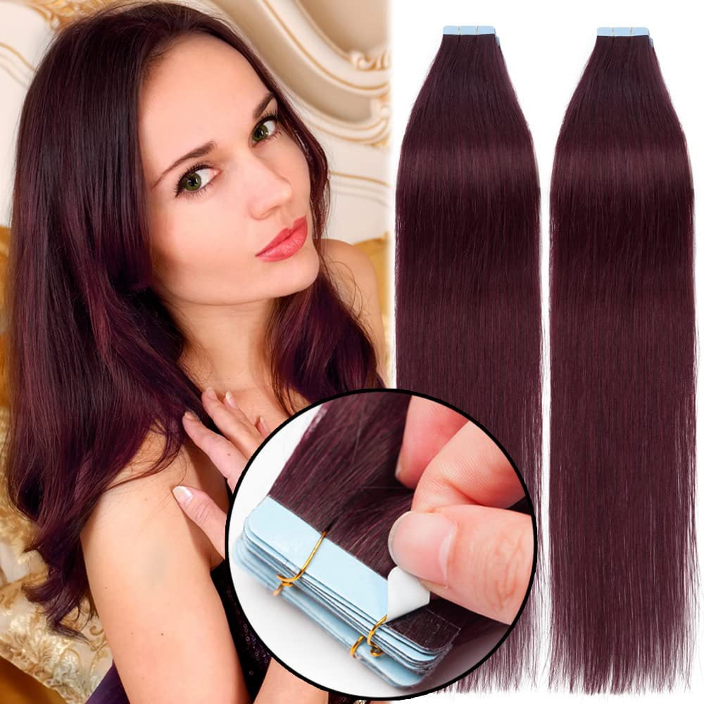 Tape in Hair Extensions Burgundy Remy Hair Skin Weft Invisible Seamless ...