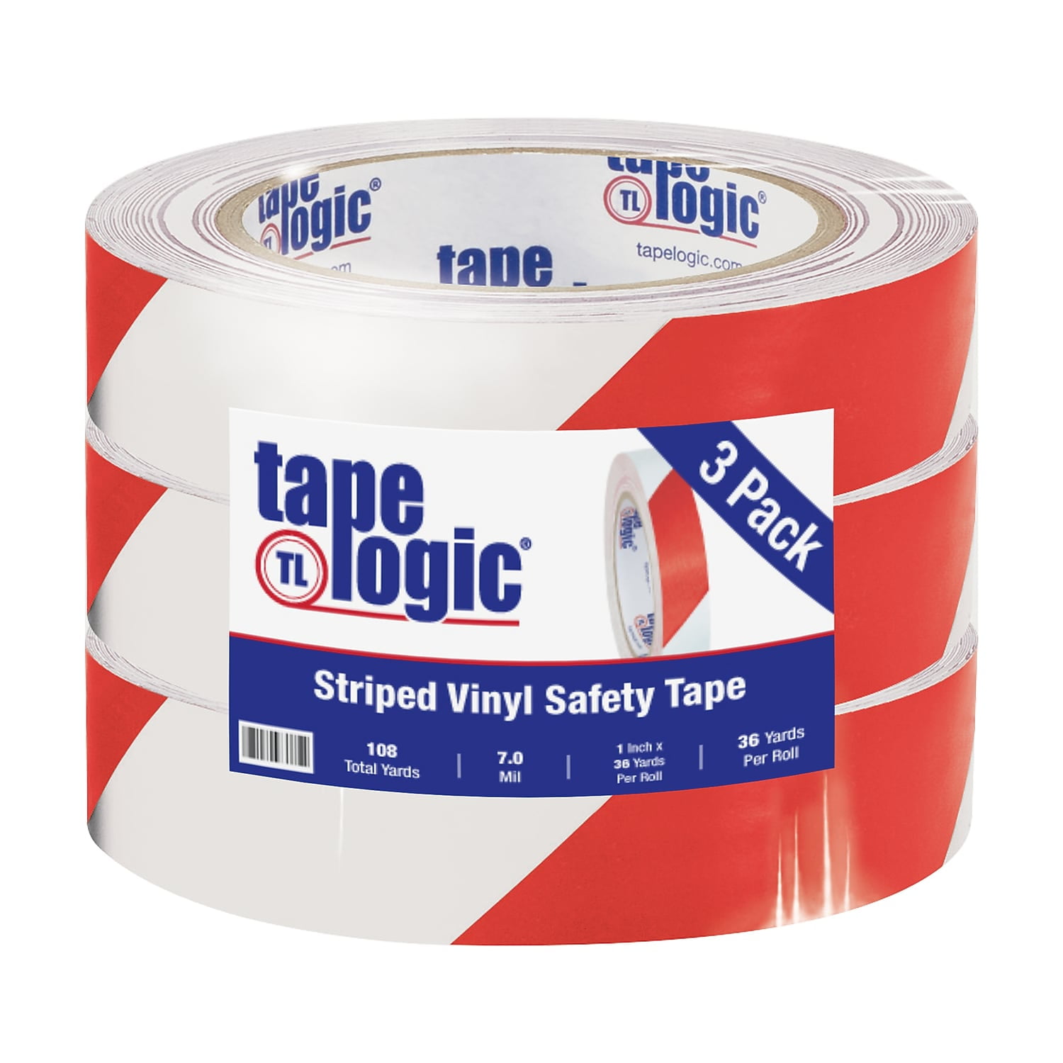 BOX Packaging Striped Vinyl Tape, 3" Core, 1" x 36 Yd., Red/White, Case ...