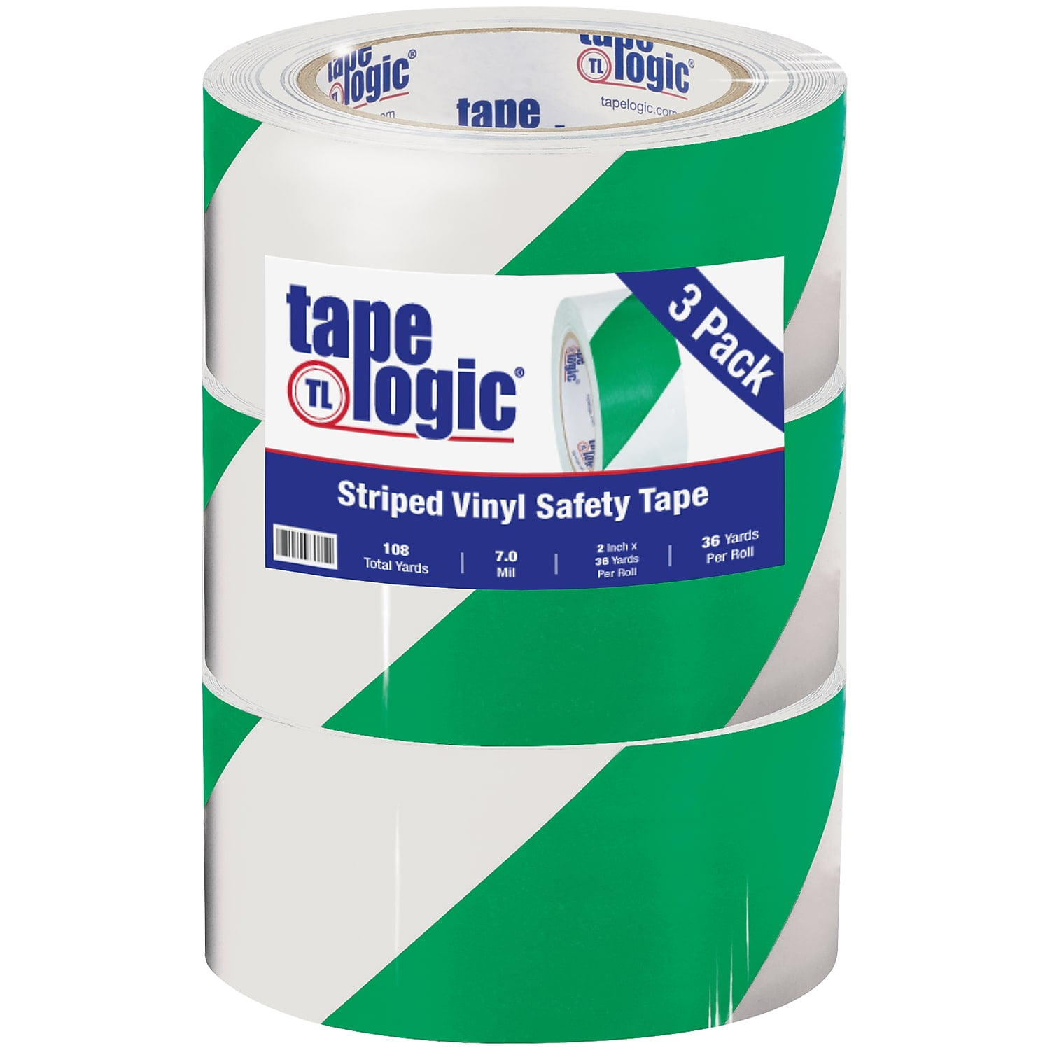 BOX Packaging Striped Vinyl Tape, 3" Core, 2" x 36 Yd., Green/White ...