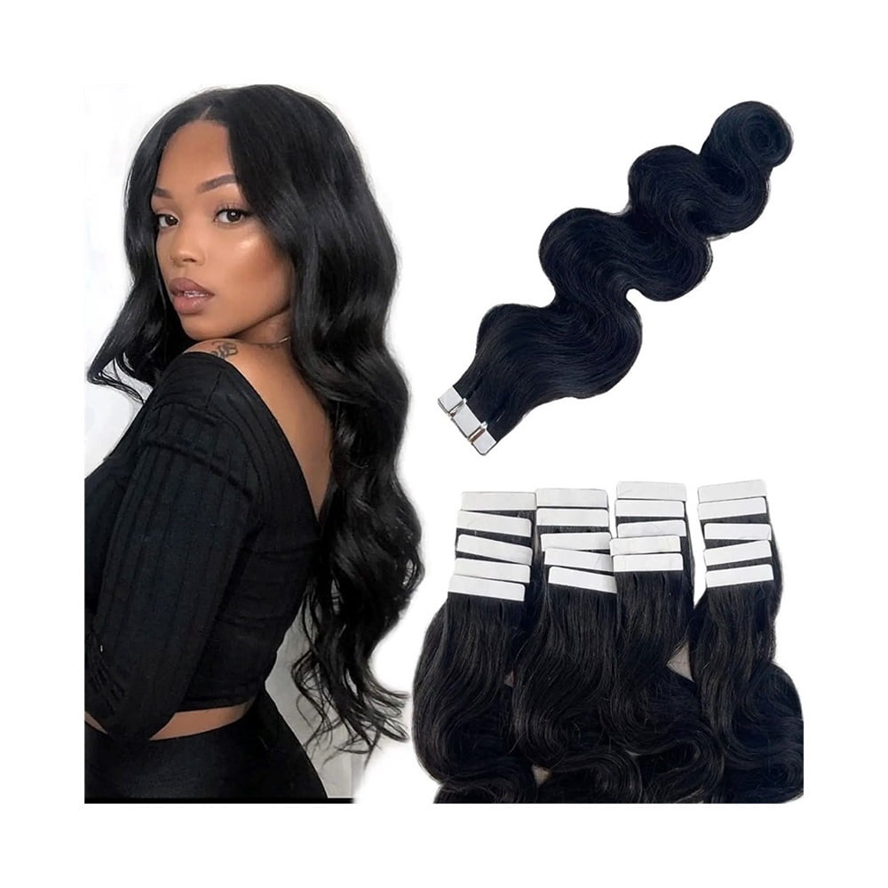 Tape in Extensions Human Hair #1B Natural Black Body Wave Human Hair ...