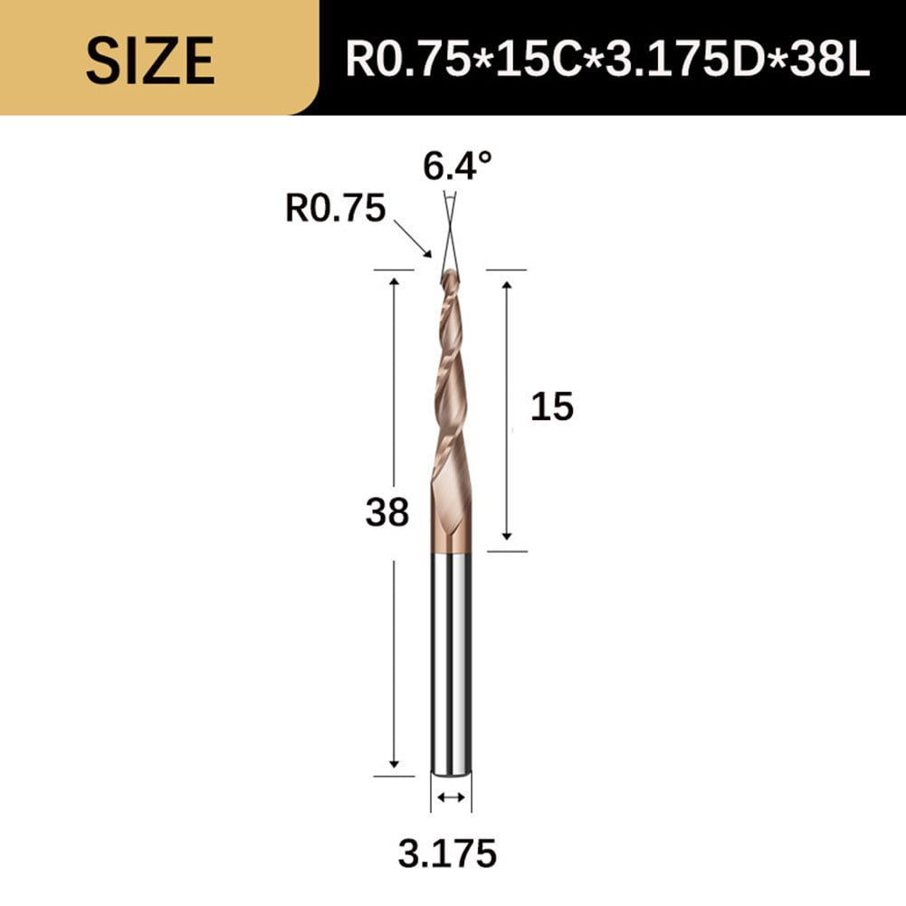 Taper Ball End Milling Cutter Carbide 3D Relief Engraving Drill Engraving Tool R0.75*15C*3.175D ...