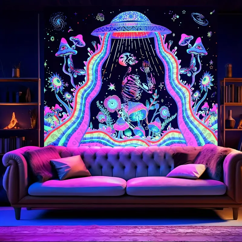 Tapestry Blacklight UV Reactive Tapestry UFO Alien Skull tapestry Wall ...