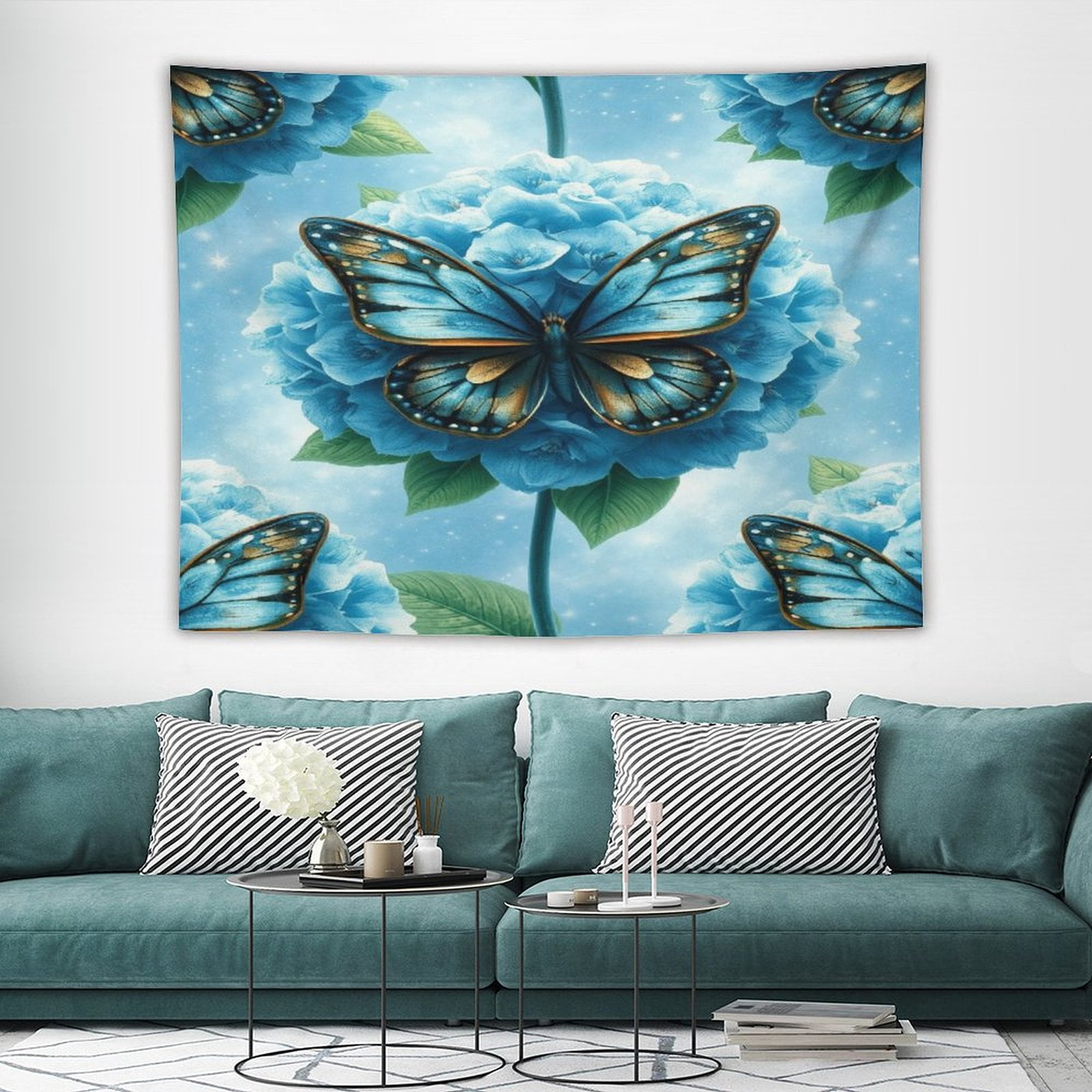 Tapestry Wall Hanging Blue Butterfly Flowers Art Bedroom Window ...