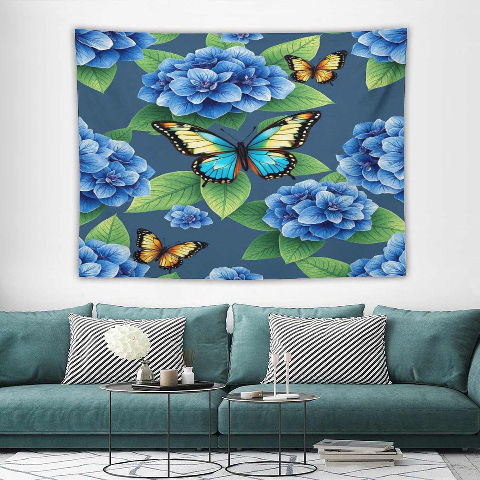 Tapestry Wall Hanging Blue Hydrangeas Butterflies Flowers Art Bedroom ...