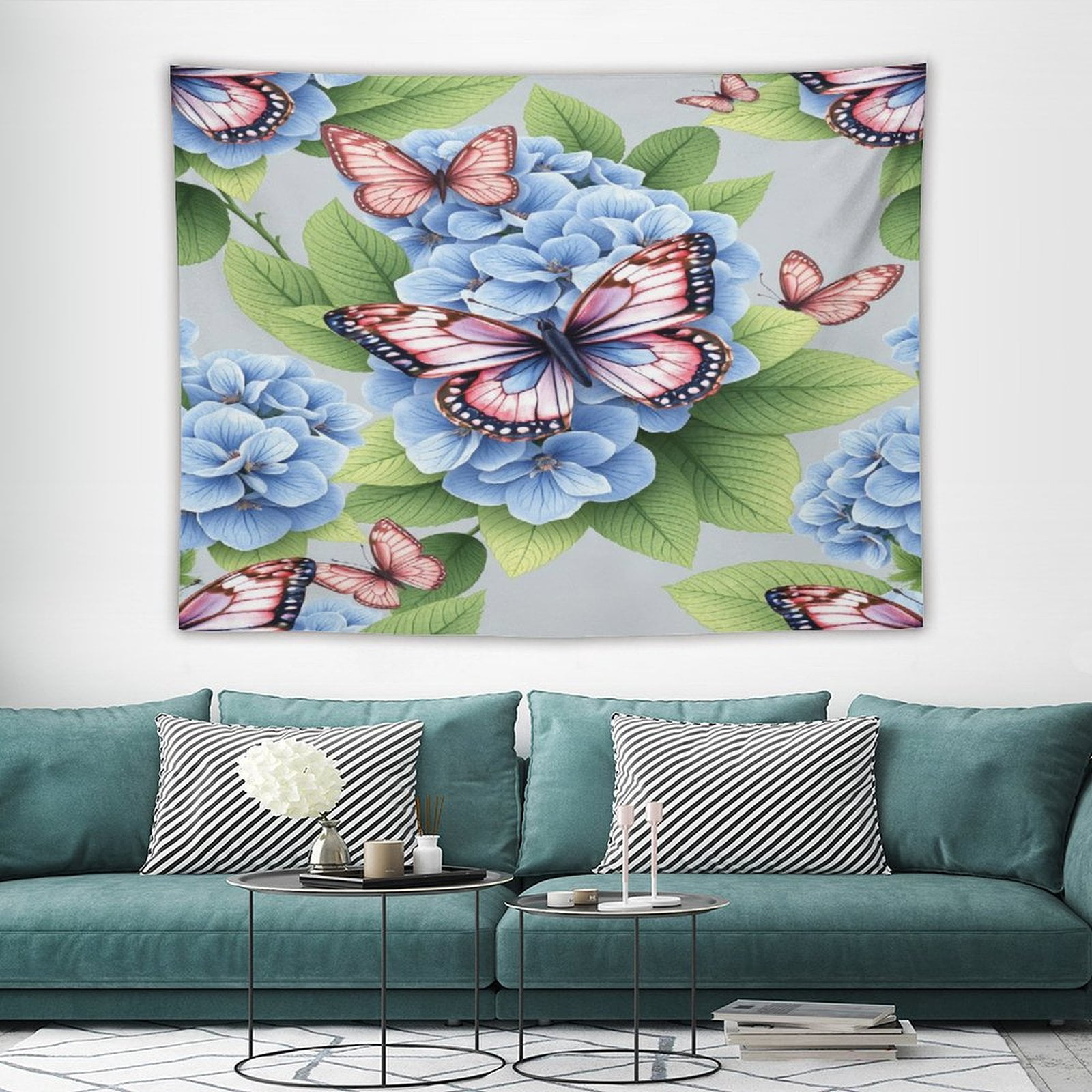 Tapestry Wall Hanging Butterflies Hydrangeas Floral Art Bedroom Window ...