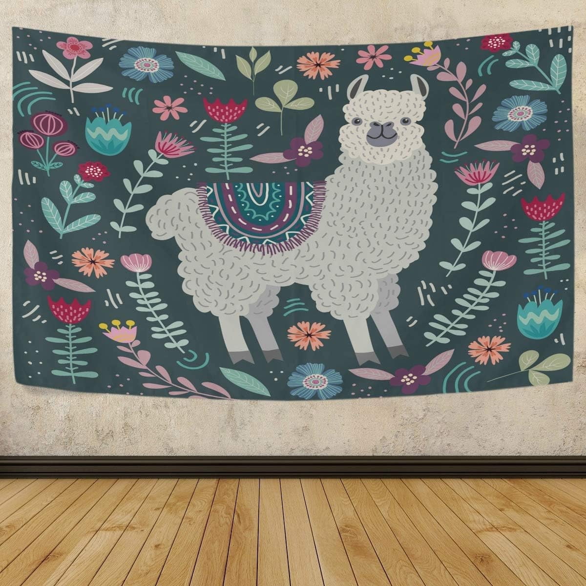 Tapestry Wall Hanging Cute Llama Alpaca with Flowers Tapestry Polyester ...