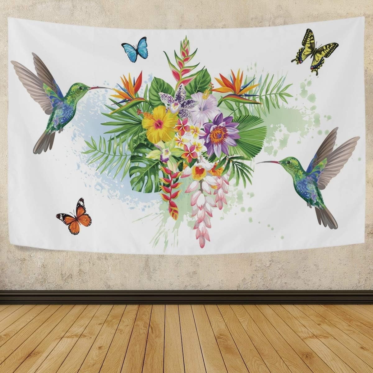 Tapestry Wall Hanging Hummingbirds Palm Leaves Flowers and Butterflies ...