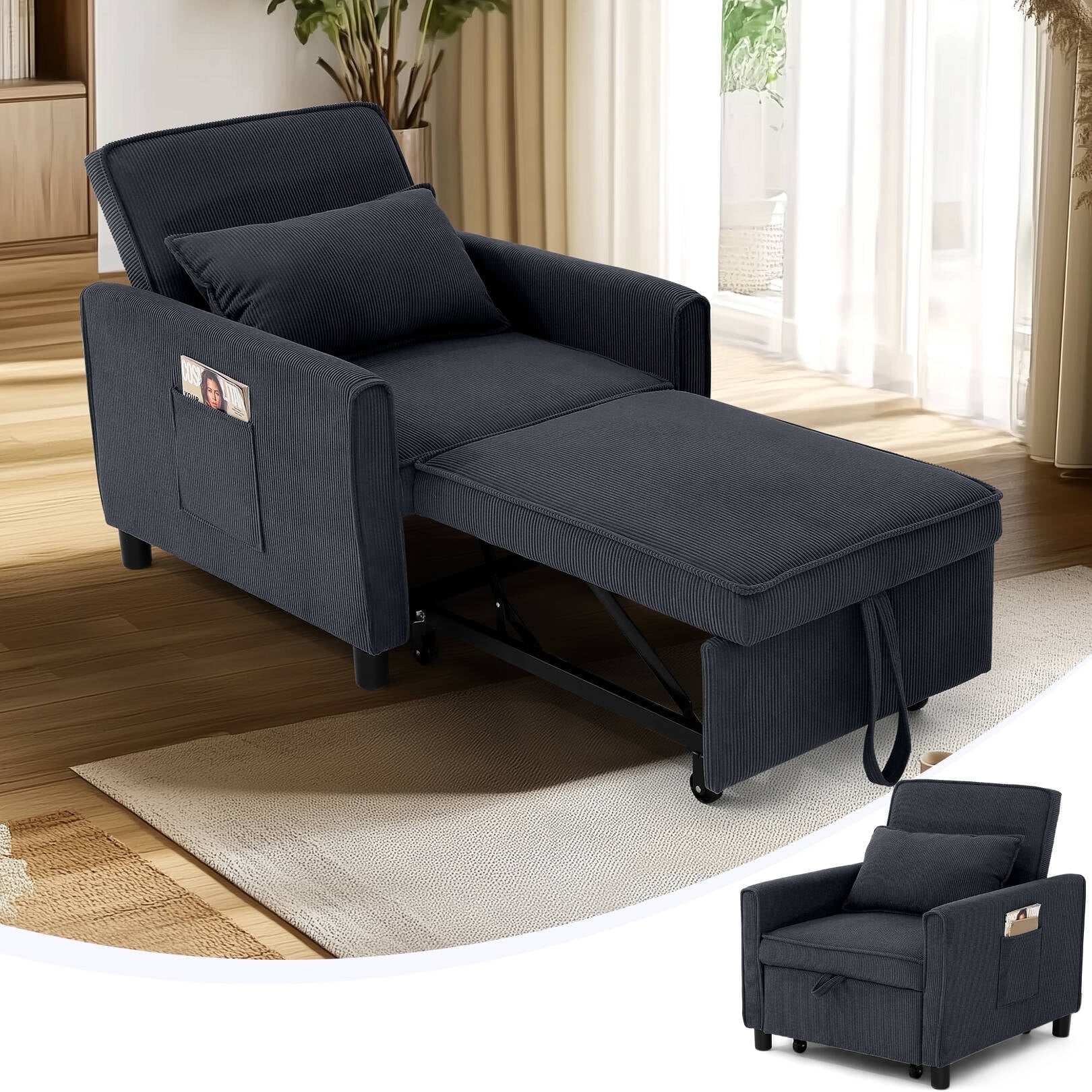 Tapoja Sleeper Sofa Chair Bed with 3 Level Adjustable Backrest ...