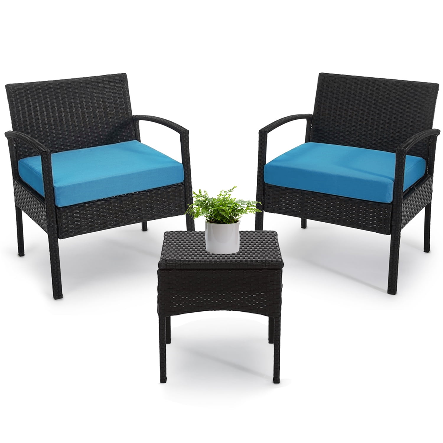 Tappio 3pc Patio Set, Blue Cushioned Wicker Chairs & Table For Small ...
