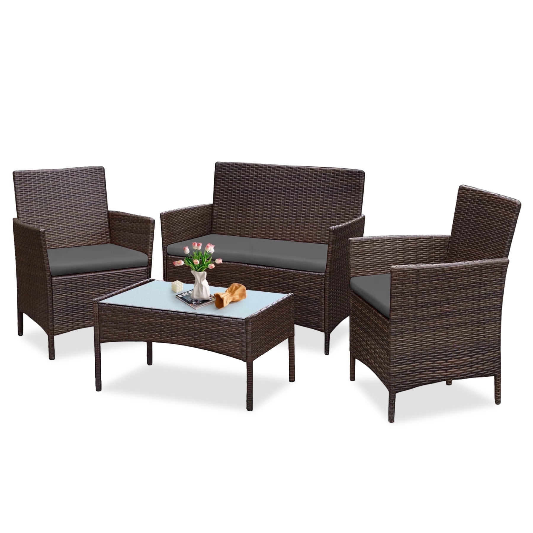 Tappio 4 PCS Outdoor Rattan Furniture Patio Conversation Set, Wicker ...