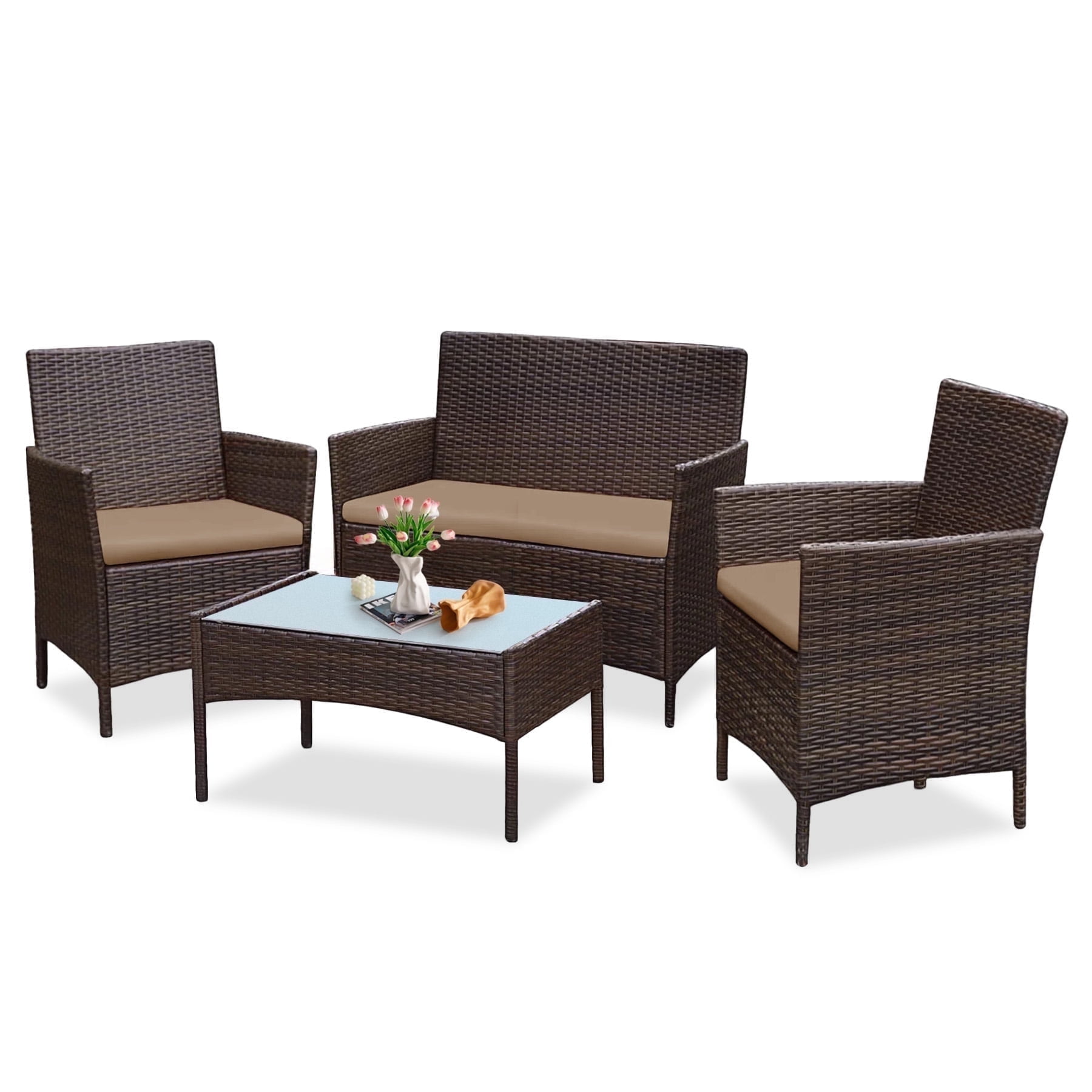 Tappio 4 PCS Outdoor Rattan Furniture Patio Conversation Set, Wicker ...