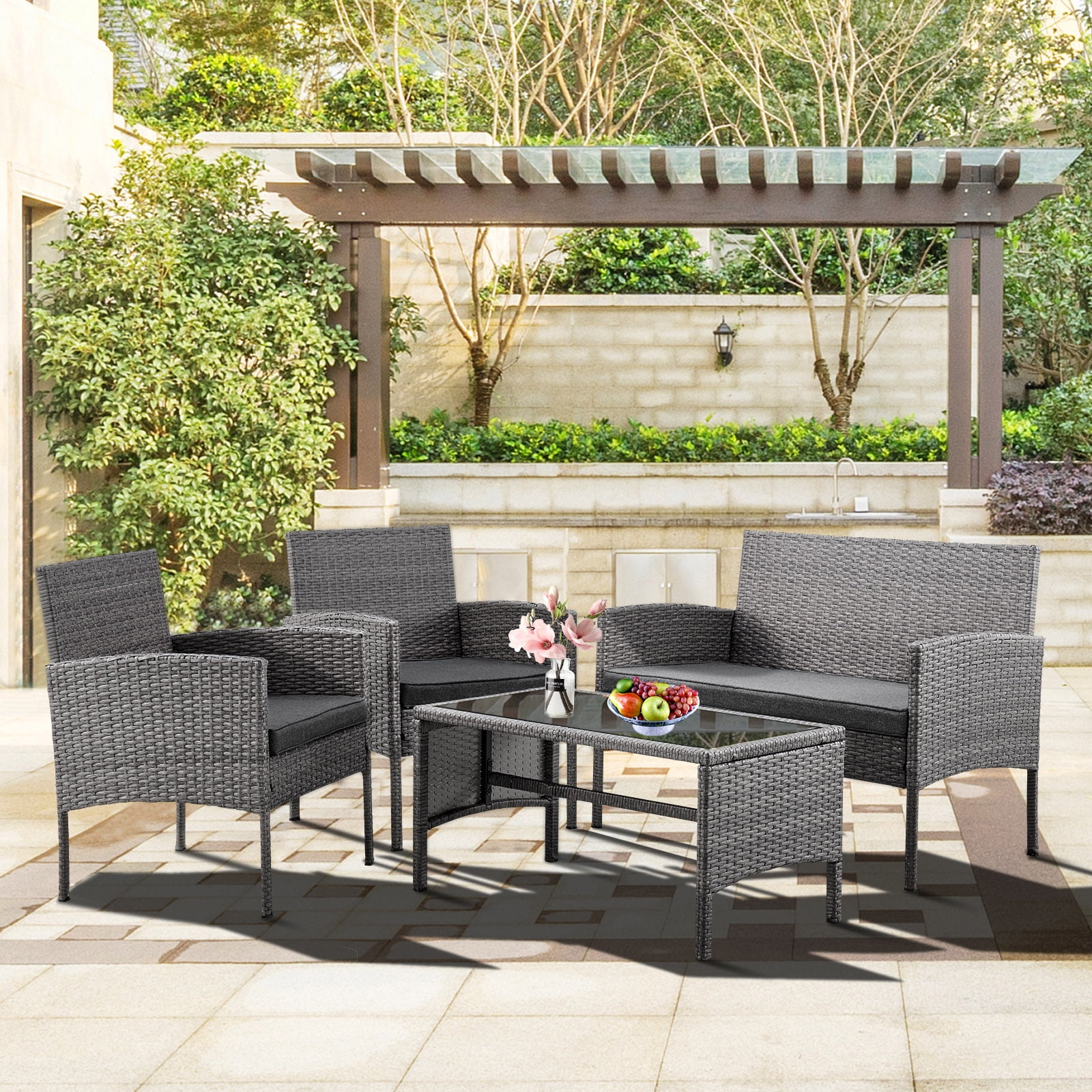 Tappio 4-Piece Patio Wicker Set with Loveseat, Chairs, Table, Brown ...