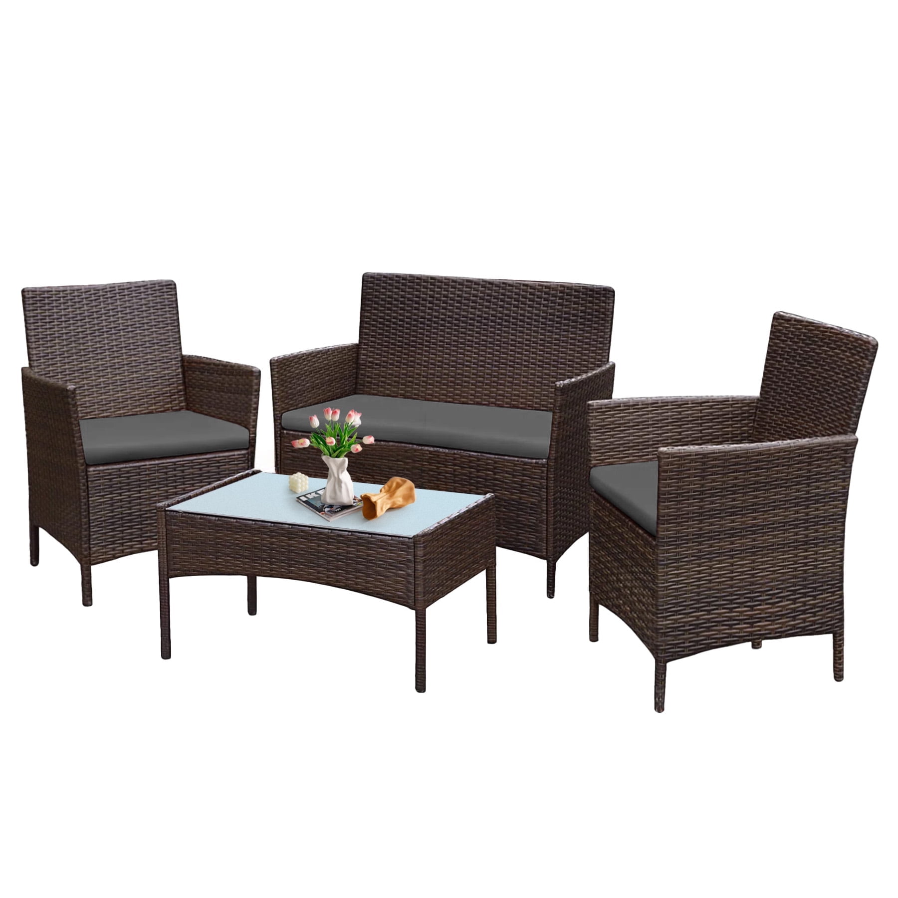 Kaceon Outdoor Boho Wicker 3 Piece Chat Set, Light Brown and Black ...