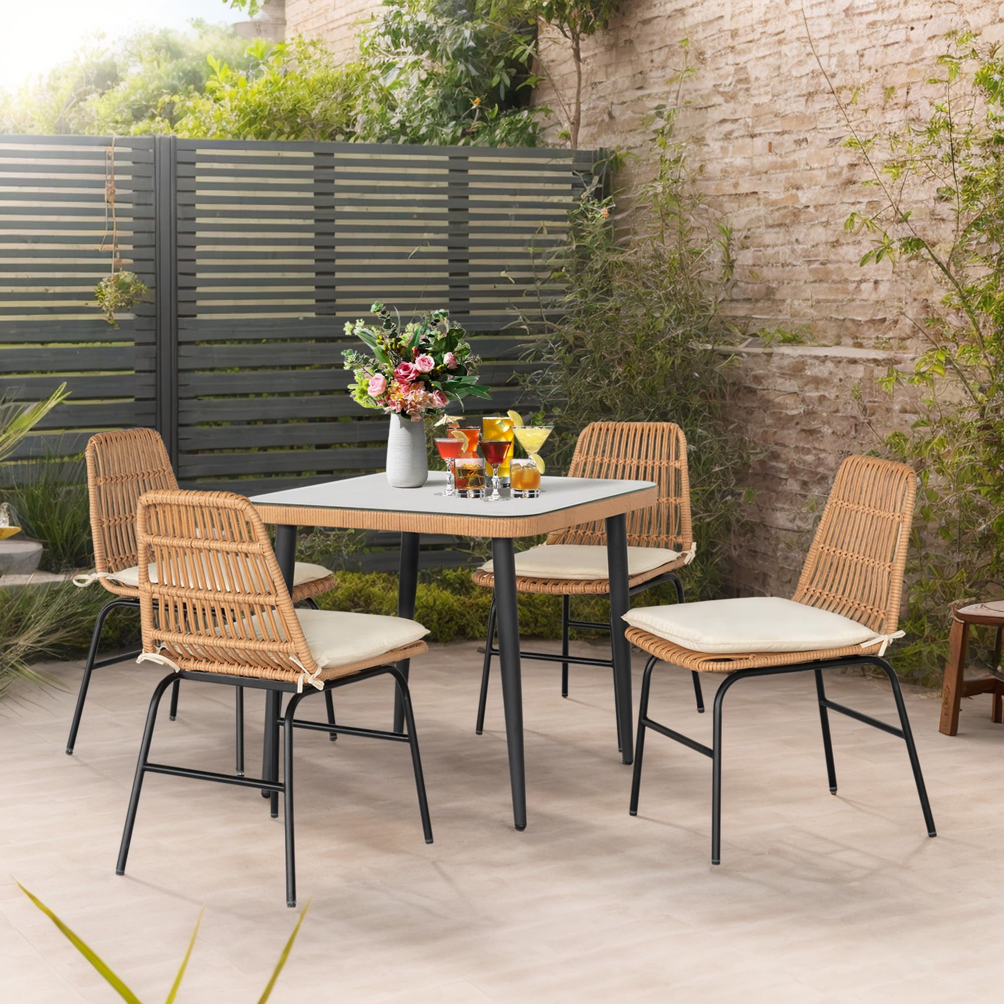 Tappio 5 Piece Outdoor Patio Dining Set, Rattan Dining Chairs with ...