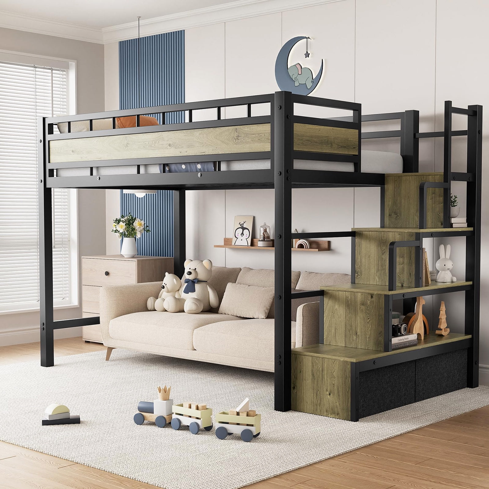 Loft Bed Twin Size with Stairs, Heavy Duty Metal Loft Bed with Built-in ...