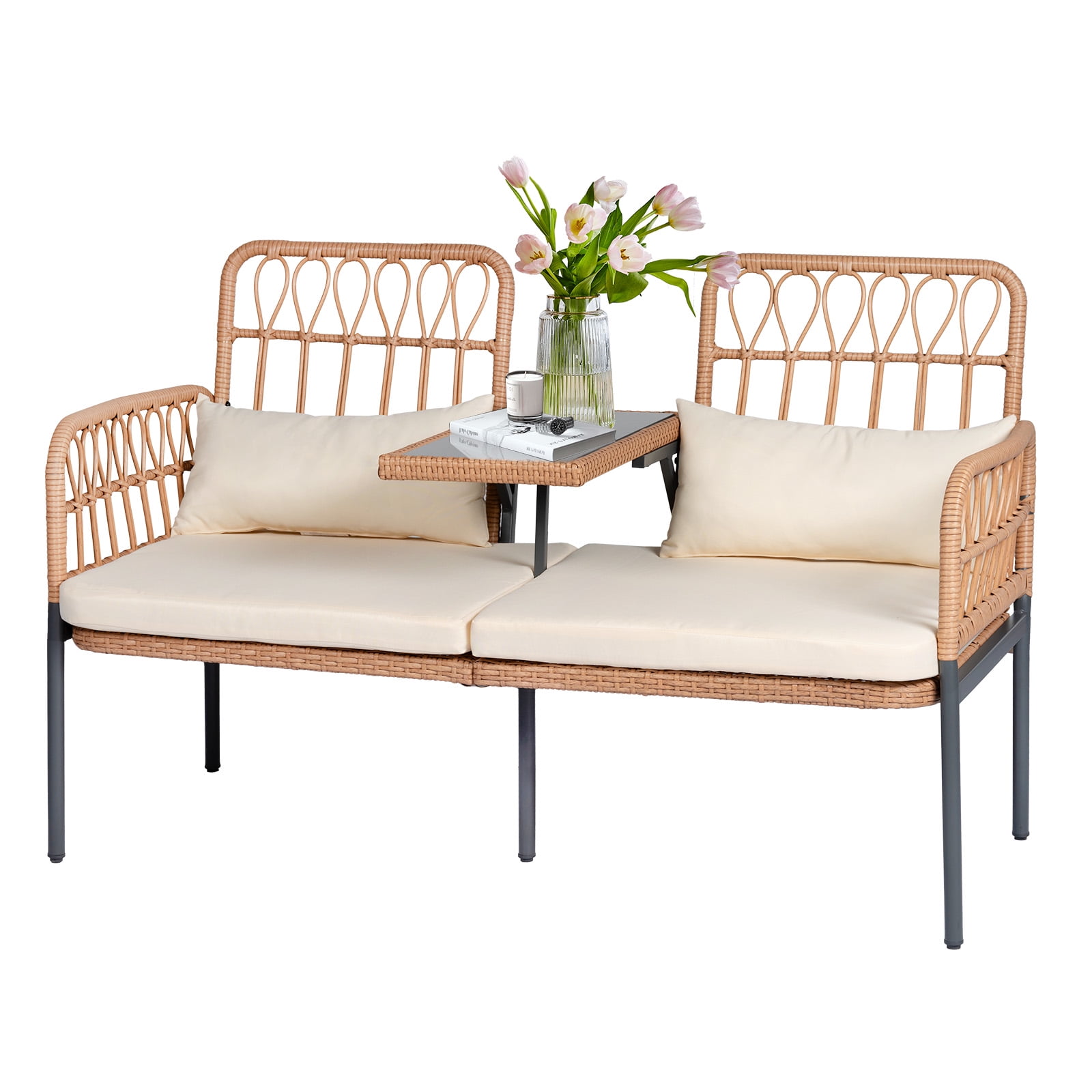 Tappio Outdoor Rattan Loveseat Set with Cushioned Sofa, Chairs & Built ...