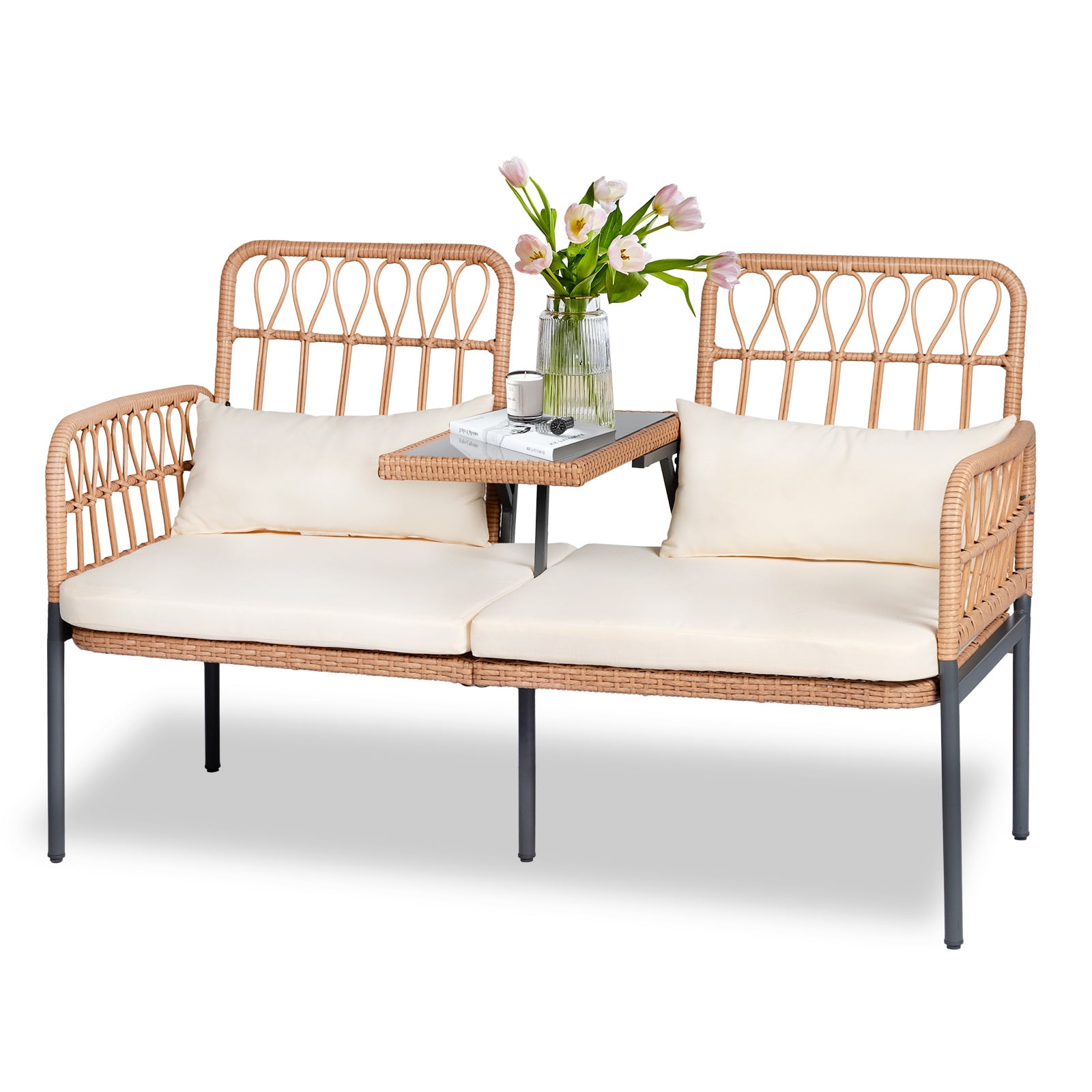 Tappio Outdoor Rattan Loveseat Set with Cushioned Sofa, Chairs & Built ...