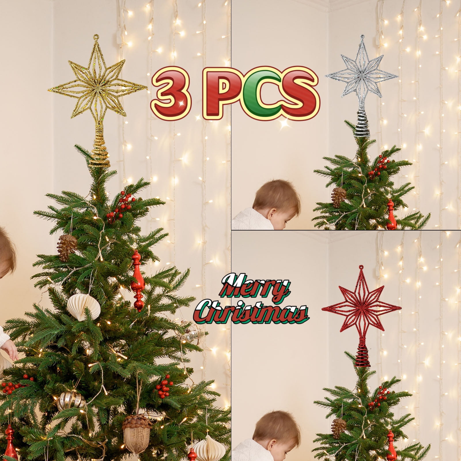 Taqqpue 3 Packs Christmas Tree Topper, Lighted Gold Glittered 8-Point ...