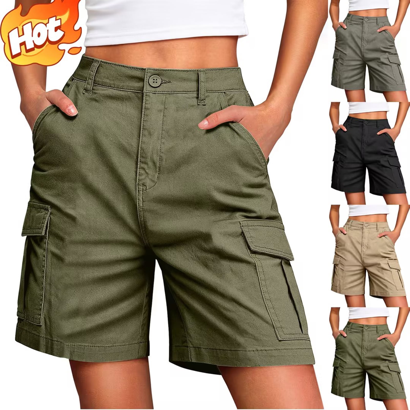 Taqqpue Bermuda Cargo Shorts for Women Knee Length 6 Pockets Elastic ...