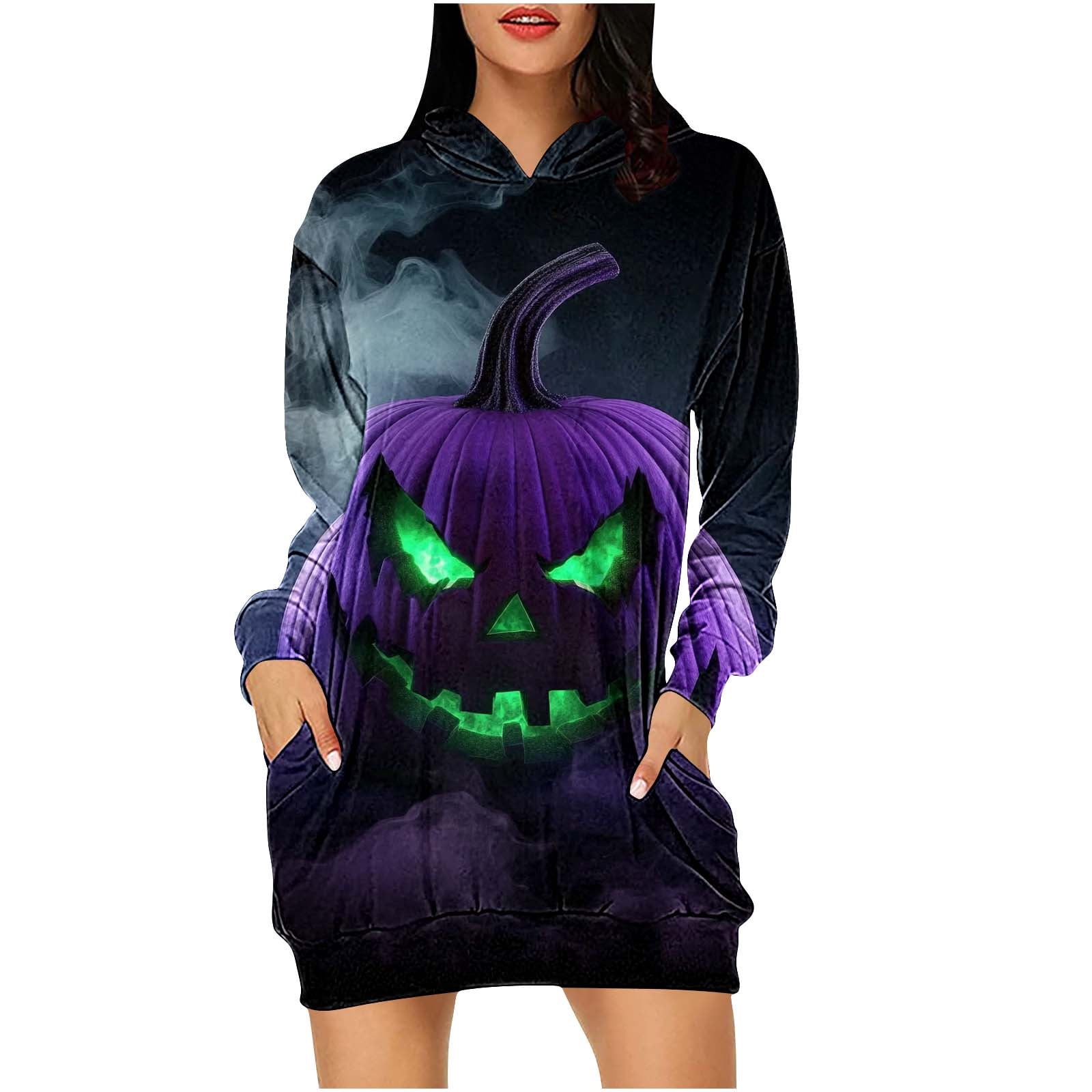 Taqqpue Halloween Print Hoodie Dress for Women Fashion Ghost Pumpkin ...