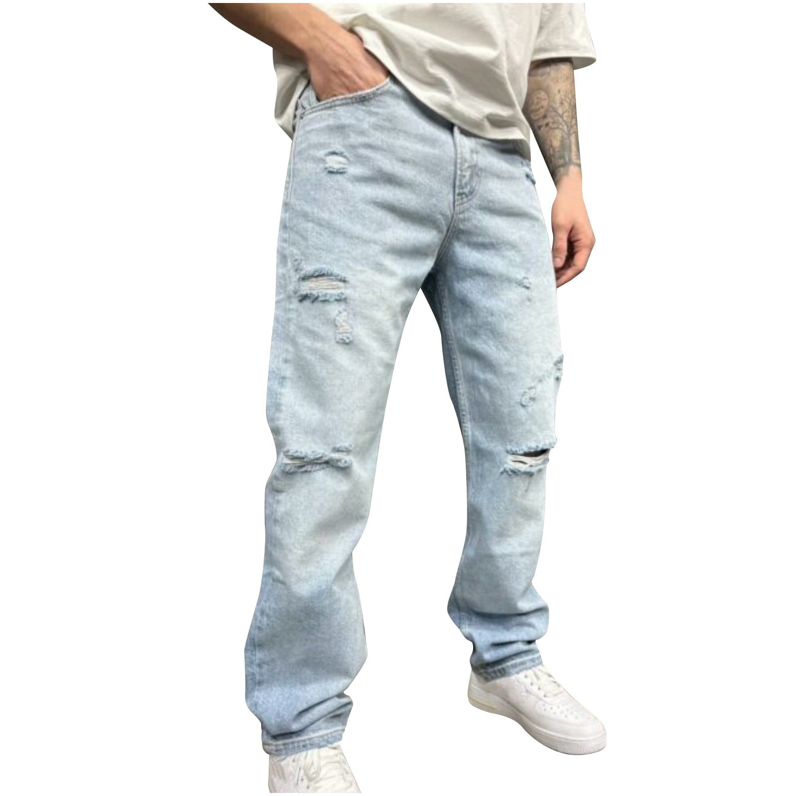 Taqqpue Mens Ripped Jeans Distressed Destroyed Relaxed Fit Jeans Straight Leg Fashion Biker ...