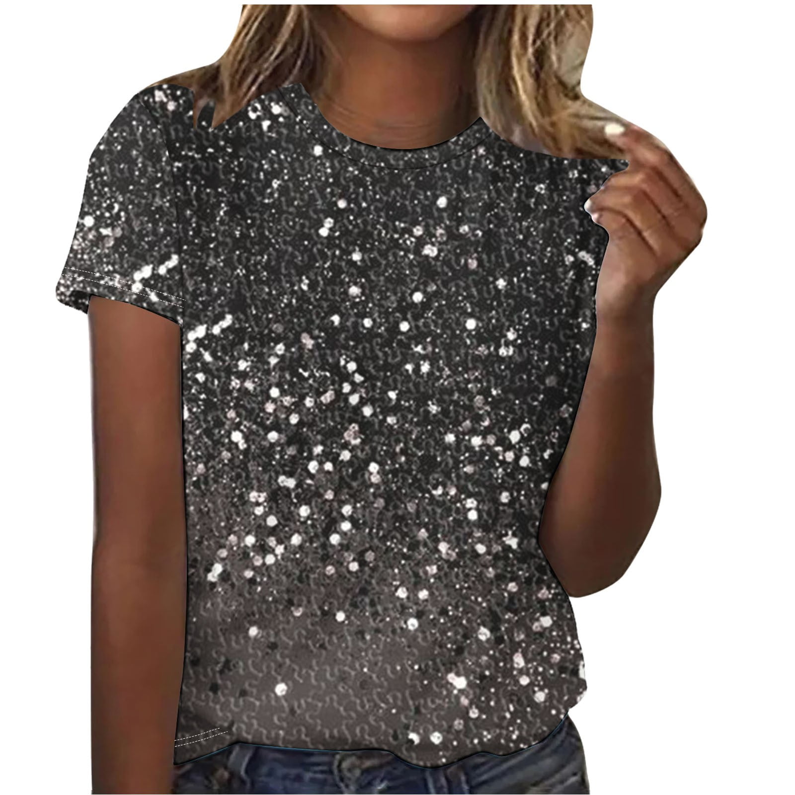Taqqpue Sparkling Crystal T-Shirts for Women Fashion Glitter Print ...