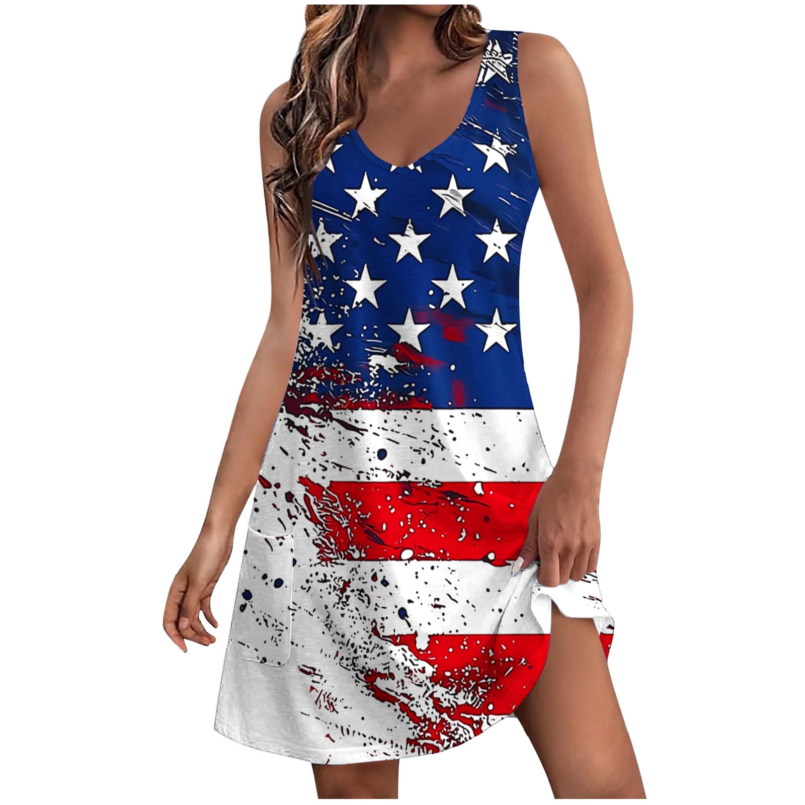 Taqqpue Women 4th of July Sleeeveless Dress Independence Day V Neck ...