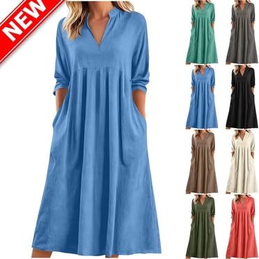 Taqqpue Women Summer Dress Solid Color 3/4 Sleeve Square Neck Long ...