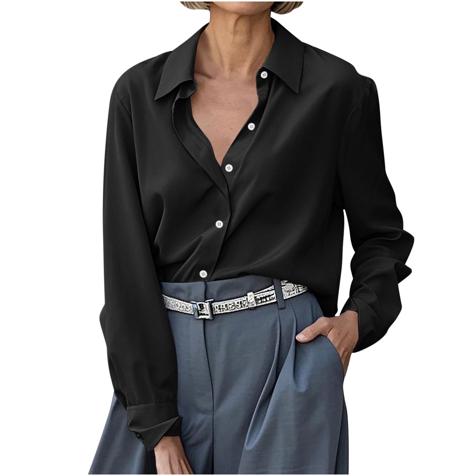 Taqqpue Women Long Sleeve Shirts Casual Solid Color Button Down V Neck ...