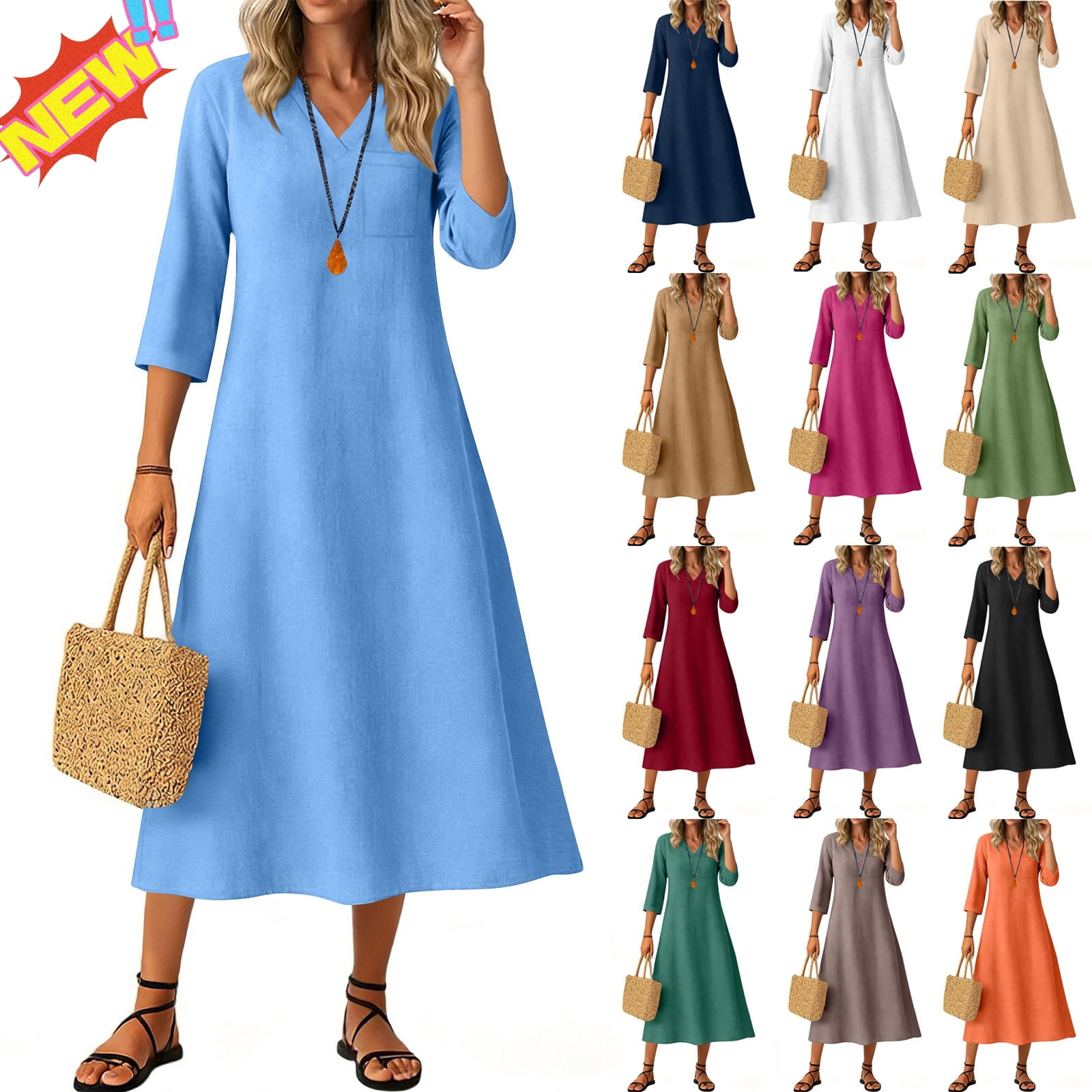 Taqqpue Women Summer Dress Solid Color 3/4 Sleeve Square Neck Long ...