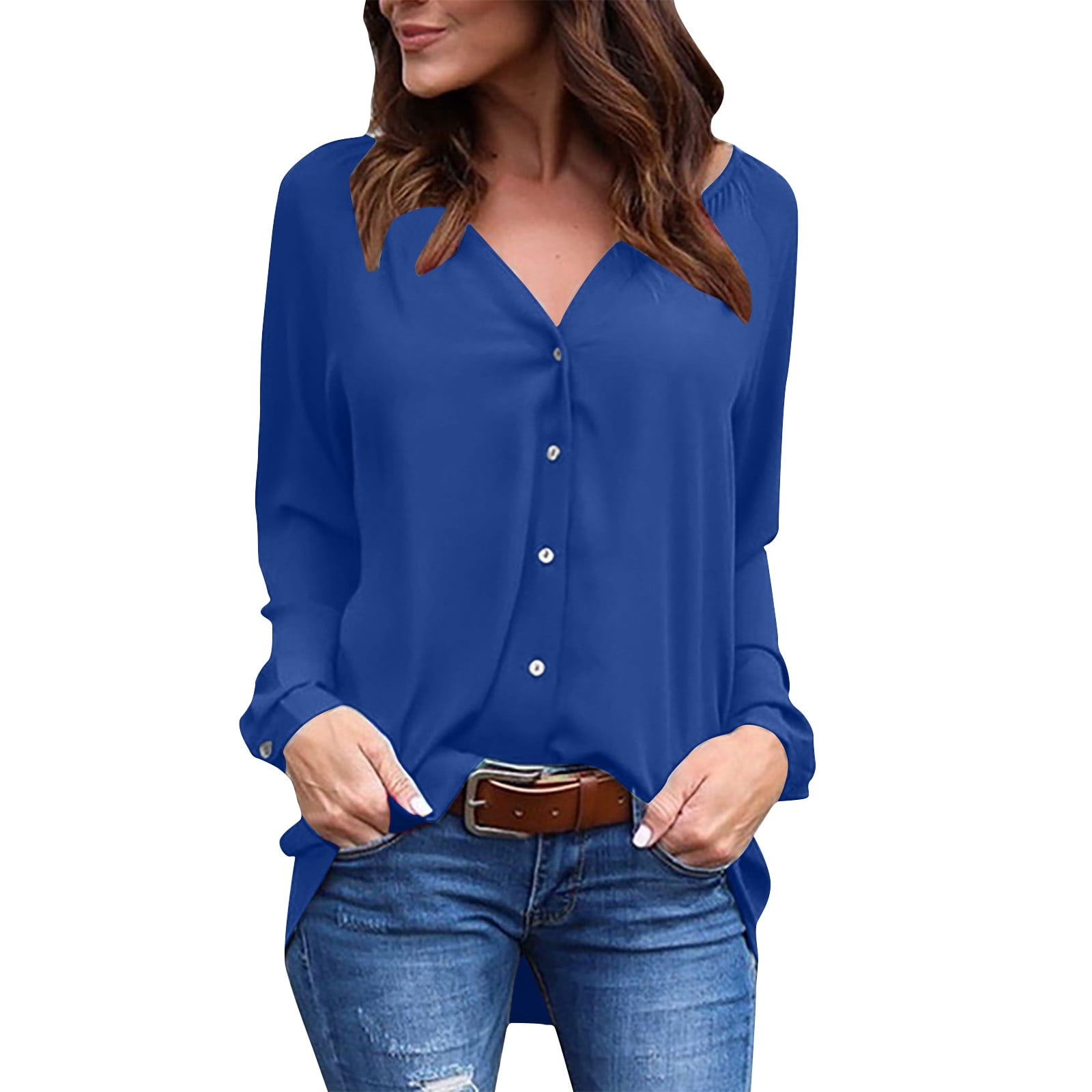 Taqqpue Women V Neck Button Down Shirts Long Sleeve Office Blouses ...