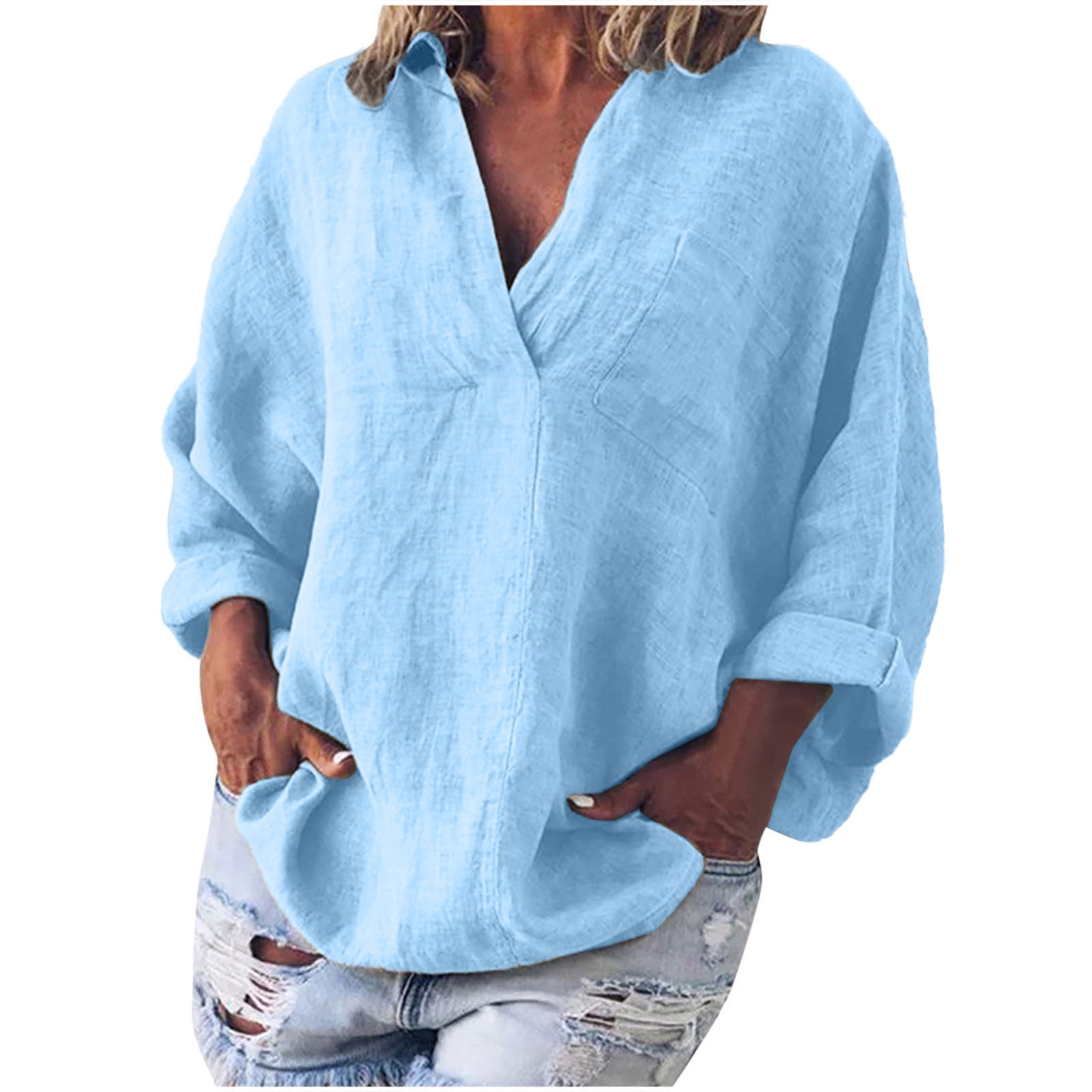 Taqqpue Women's 3/4 Sleeve Oversized Shirts Casual V Neck Plain Plus ...