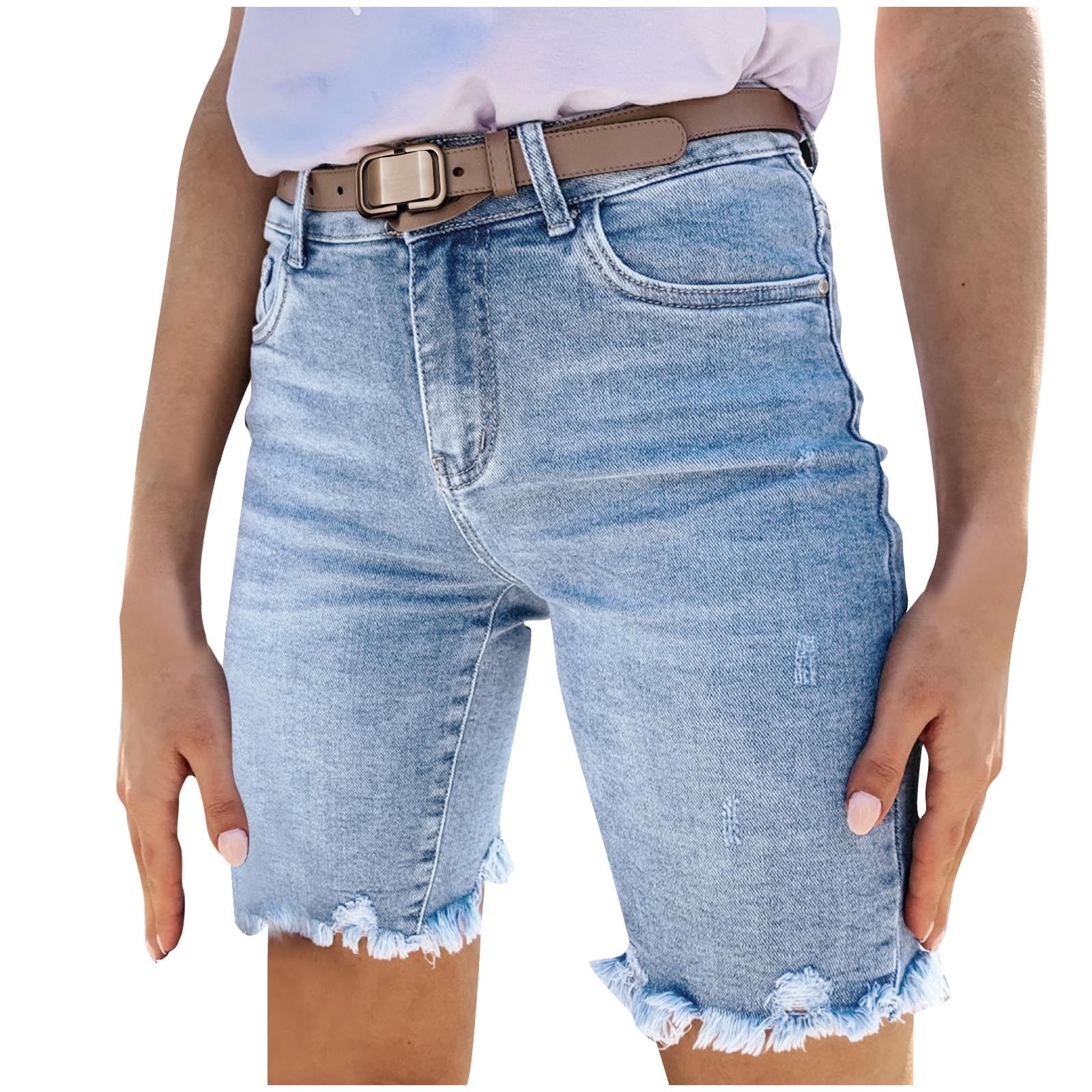 Taqqpue Women's Casual High Waist Straight Leg Jean Shorts Ripped Raw ...