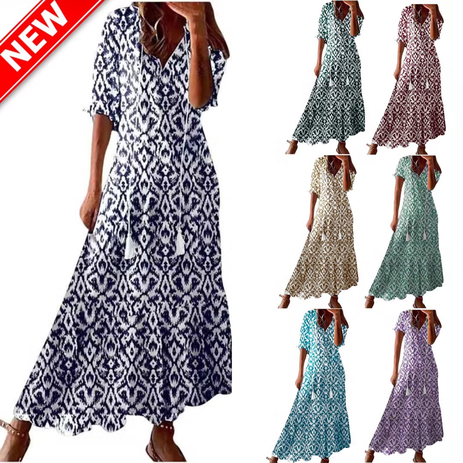 Taqqpue Women's Plus Size 3/4 Sleeve V Neck Maxi Dress Casual Floral ...