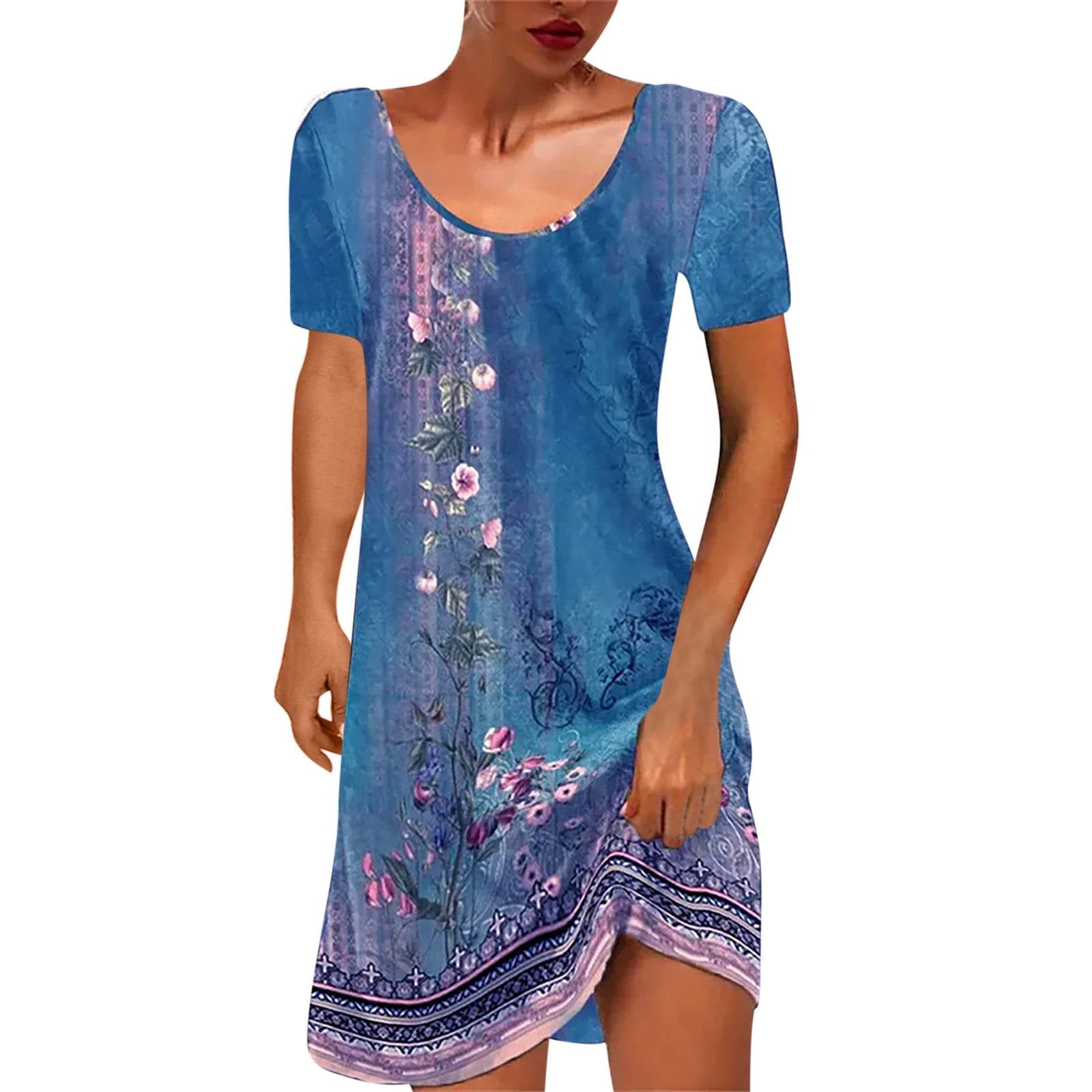Taqqpue Women's Summer Casual Floral Printed T-Shirt Dress Round Neck ...