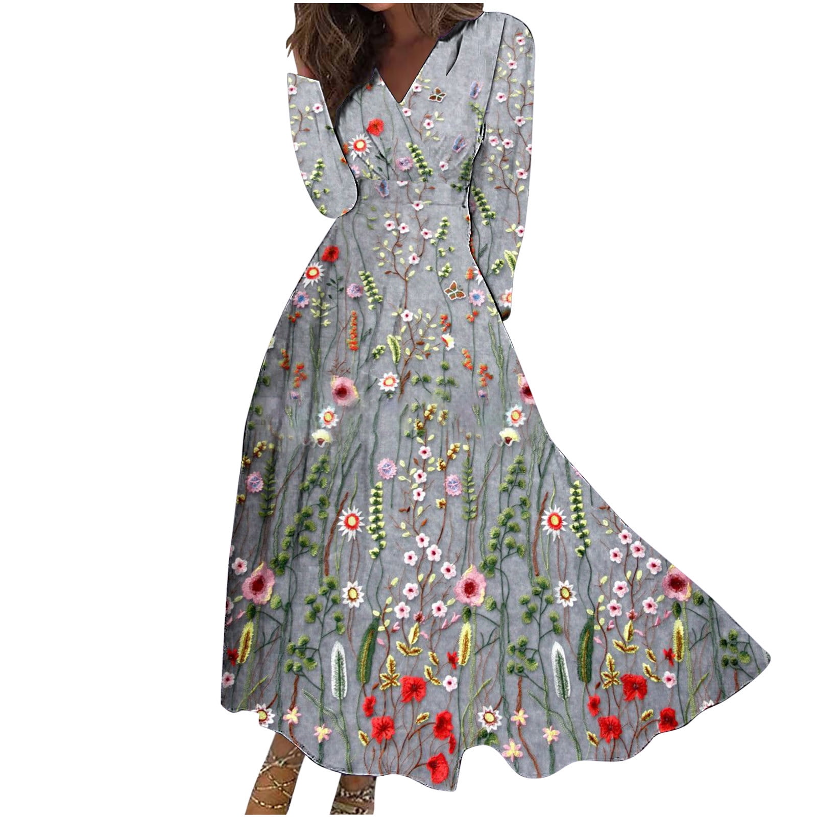 Taqqpue Women's V-Neck Floral Maxi Dress Casual Long Sleeve Long ...