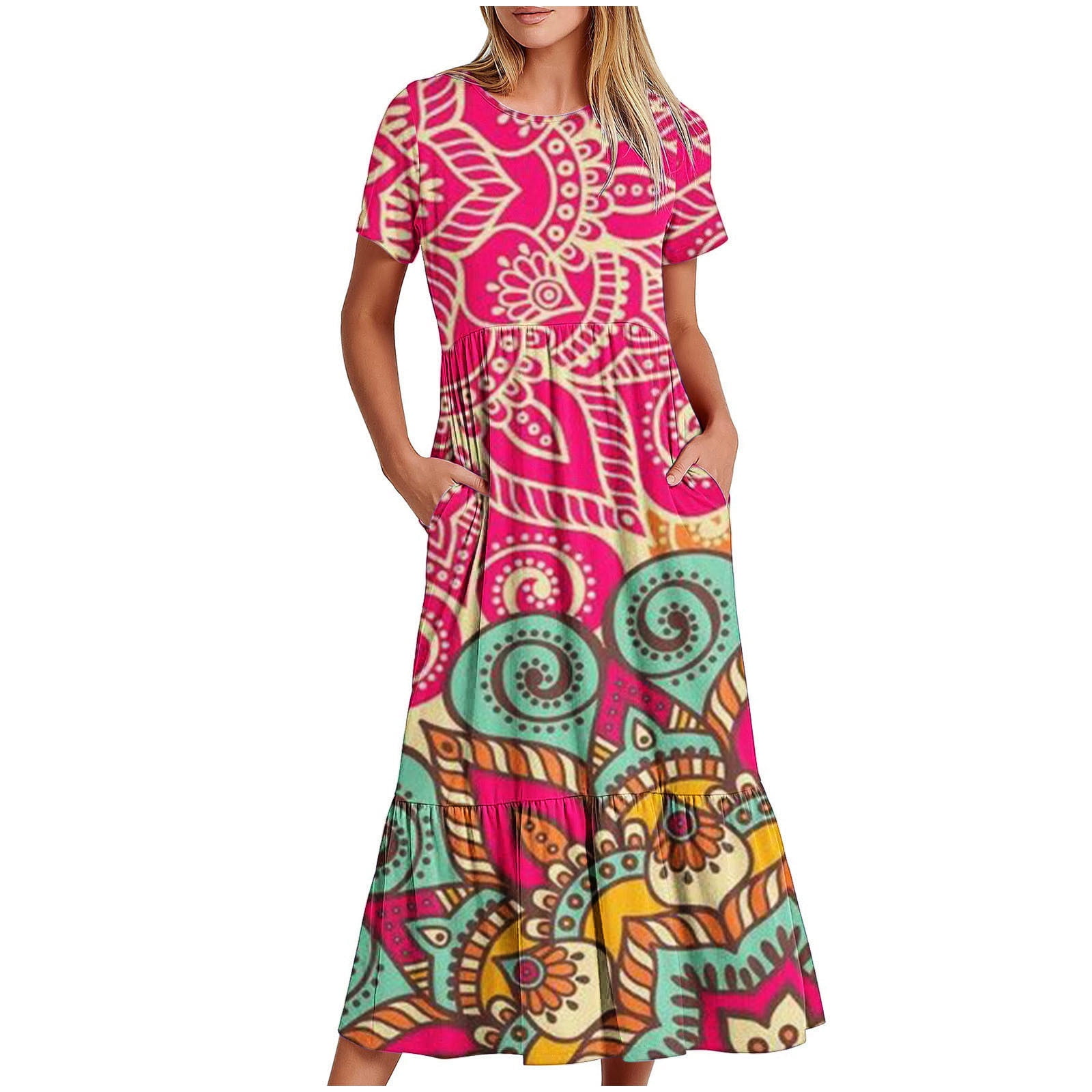 Taqqpue Womens Casual Summer Dresses Short Sleeve Floral Maxi Dress ...