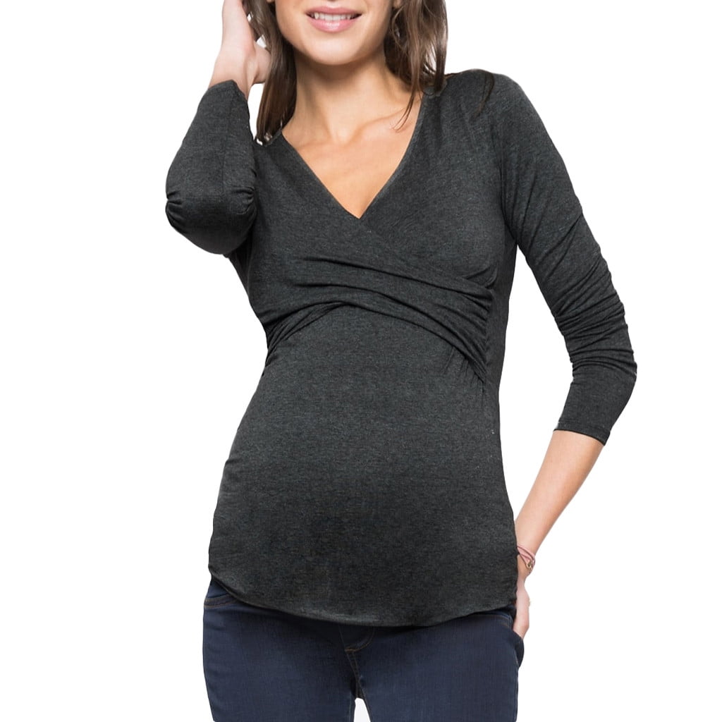 Taqqpue Womens Maternity Nursing Tops Long Sleeve V-Neck Solid ...